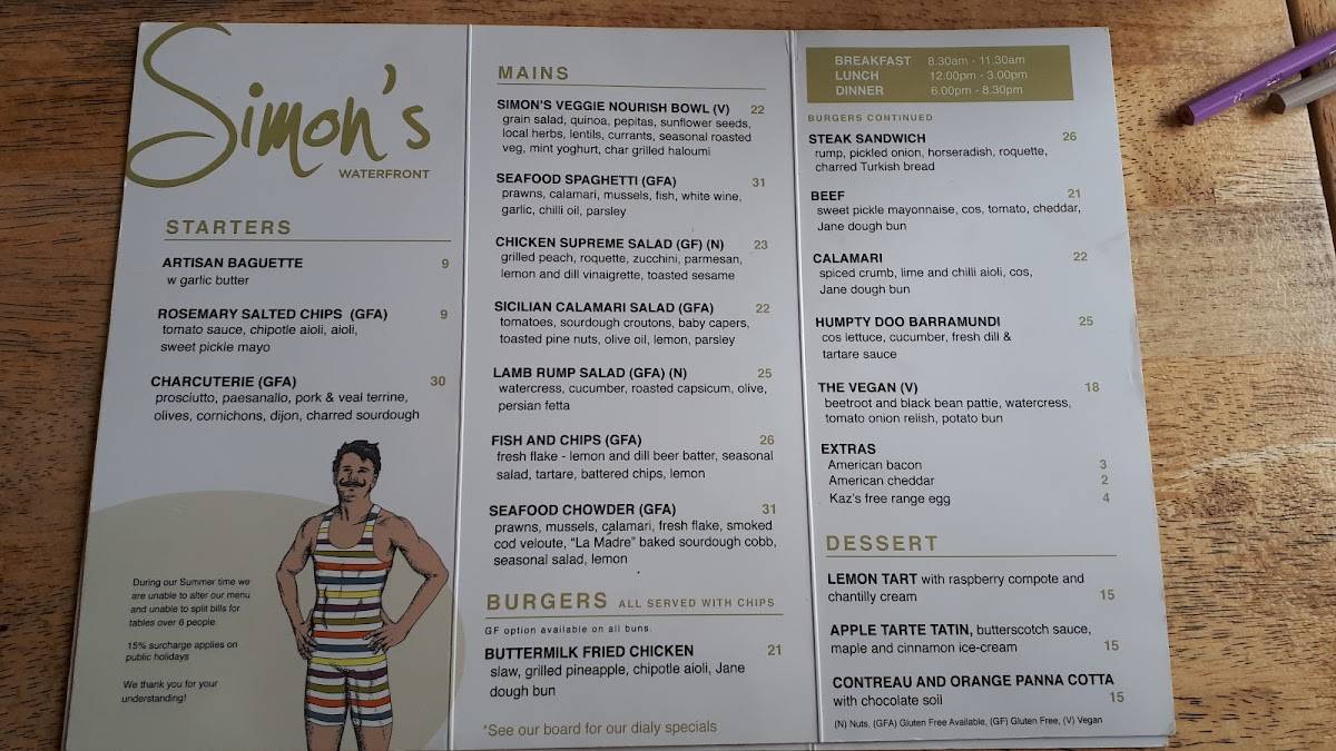 Menu at Simon's Waterfront cafe, Warrnambool