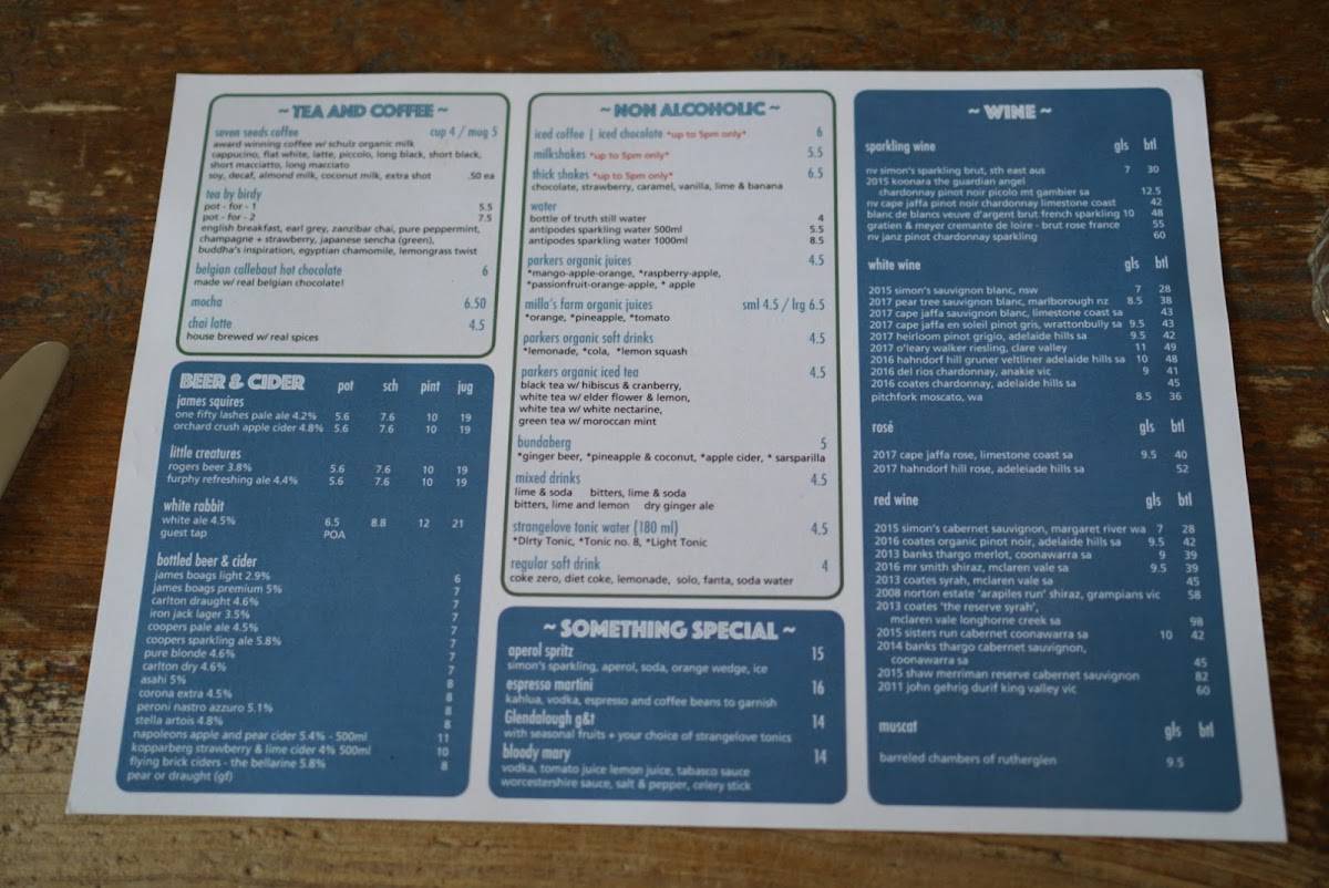 Menu at Simon's Waterfront cafe, Warrnambool
