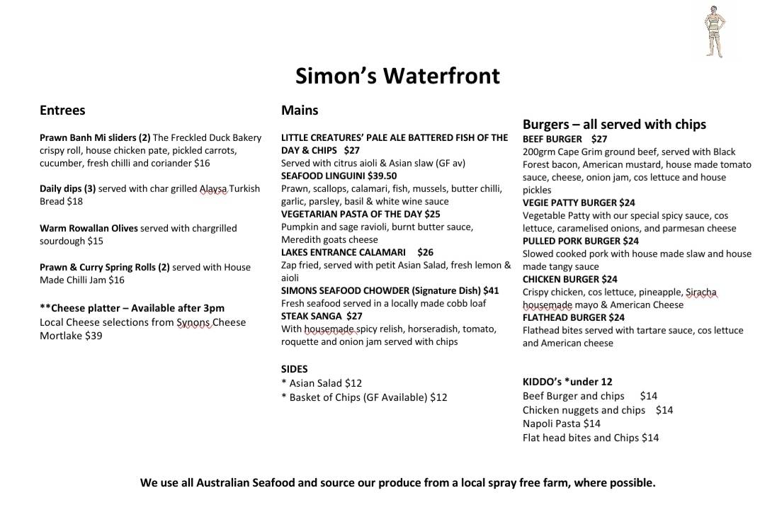 Menu at Simon's Waterfront cafe, Warrnambool