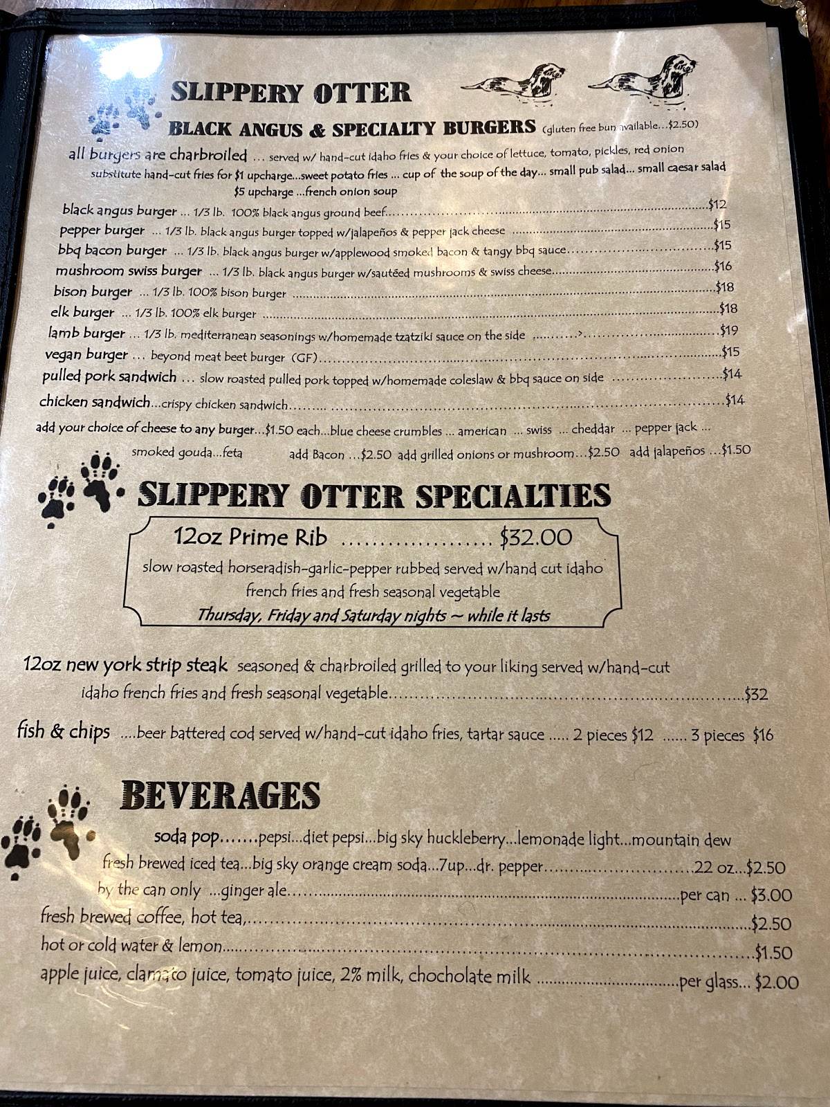 Menu at Slippery Otter Pub, West Yellowstone, 139 N Canyon St