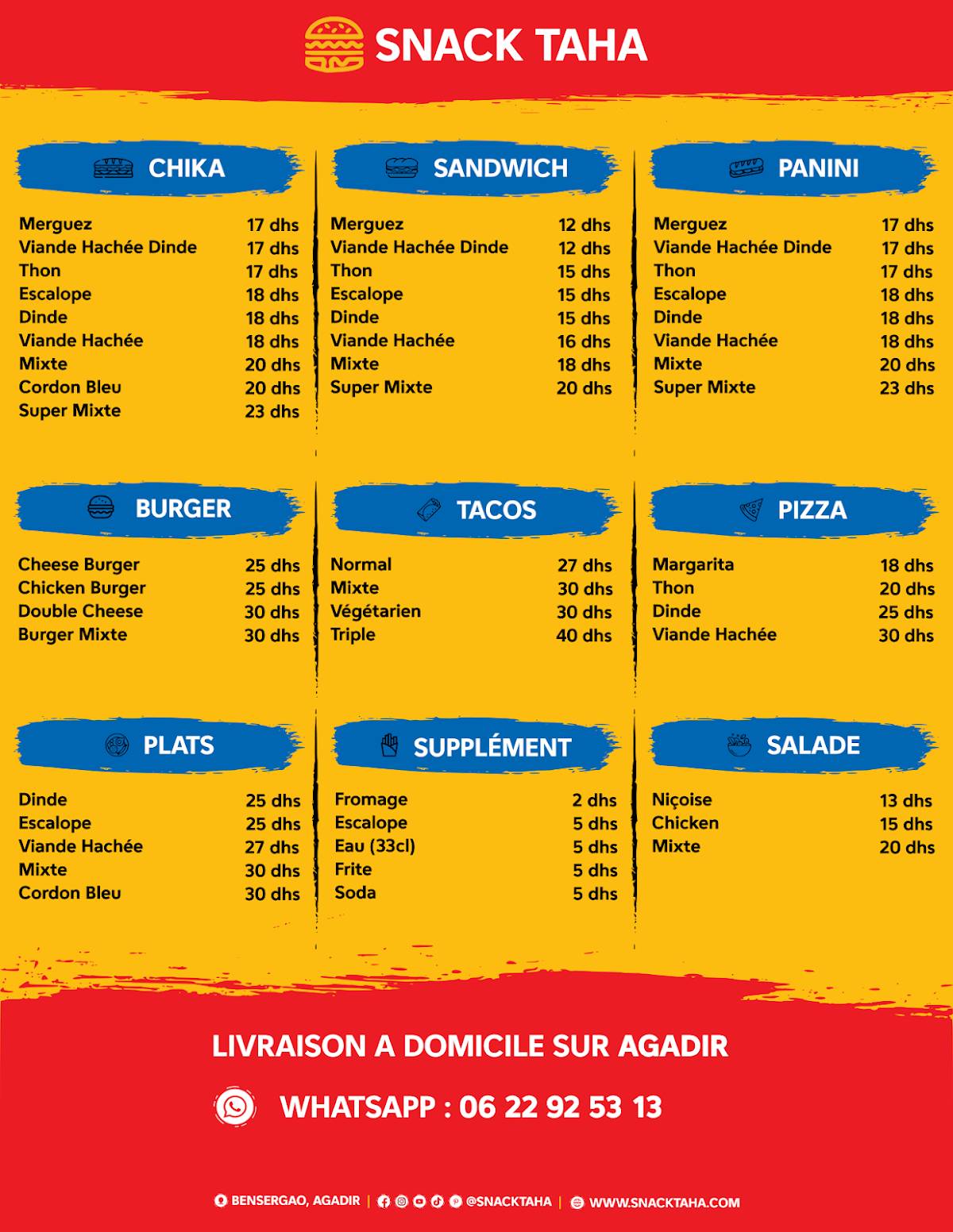 Menu at Snack Taha restaurant, Agadir