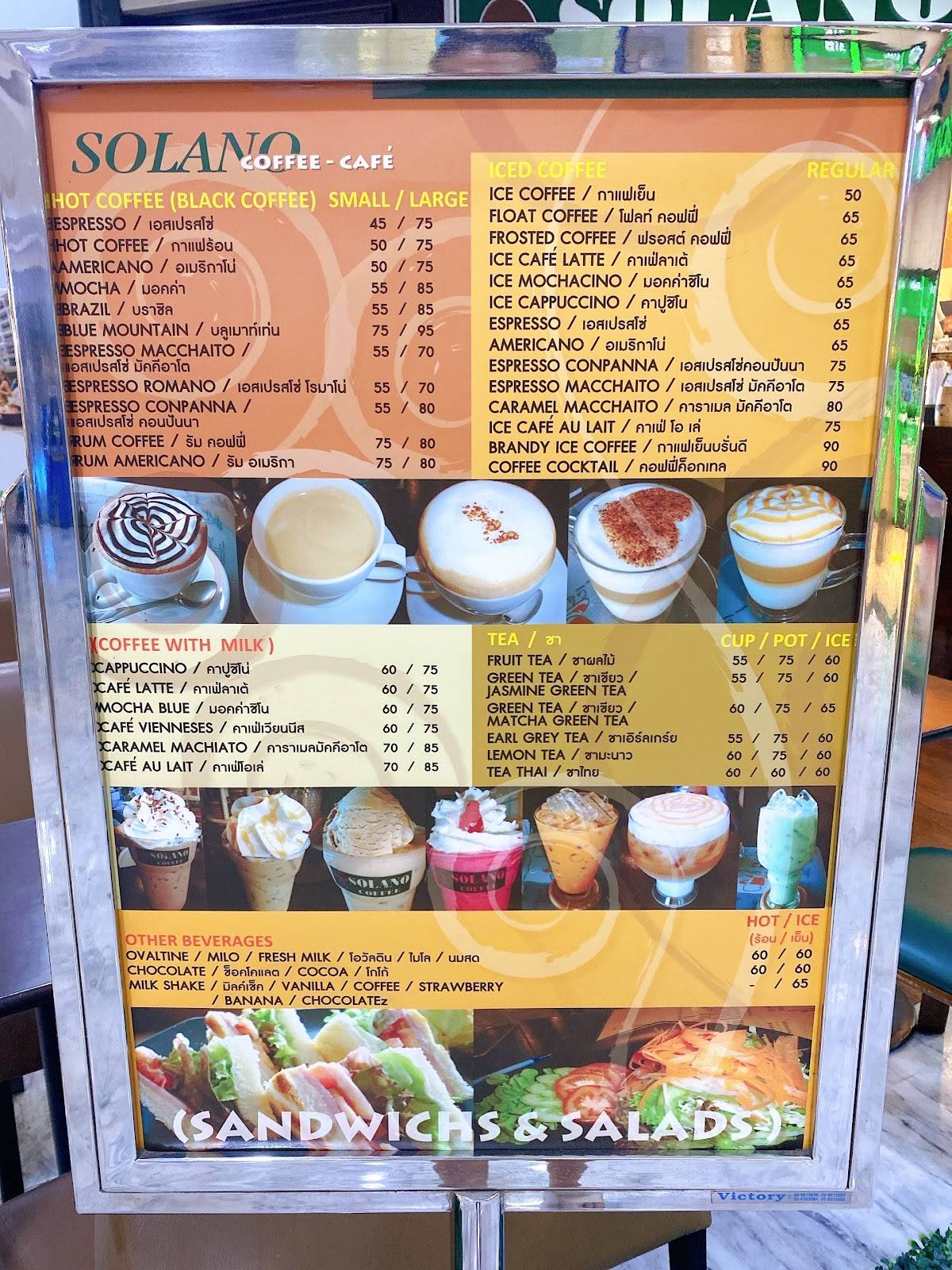 Menu at Solano Coffee, Bangkok