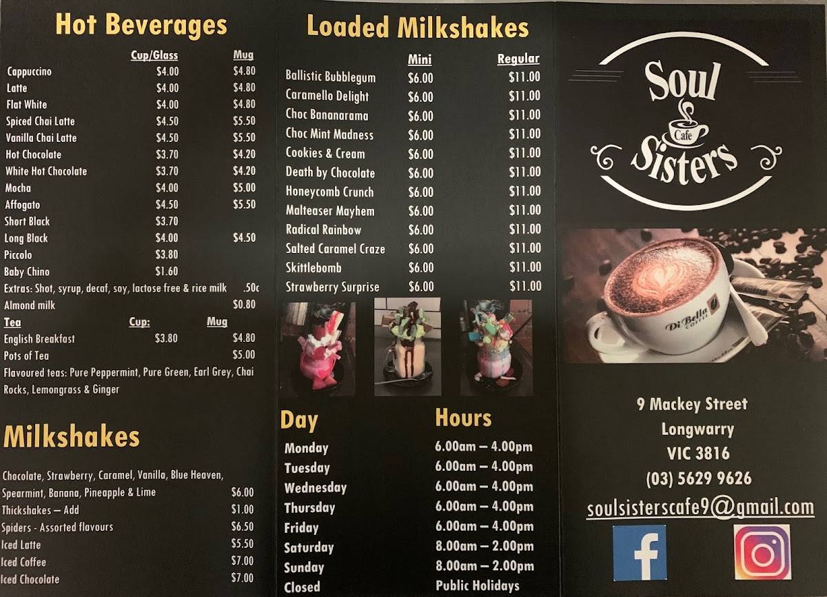 Menu at Soul Sisters Cafe, Longwarry