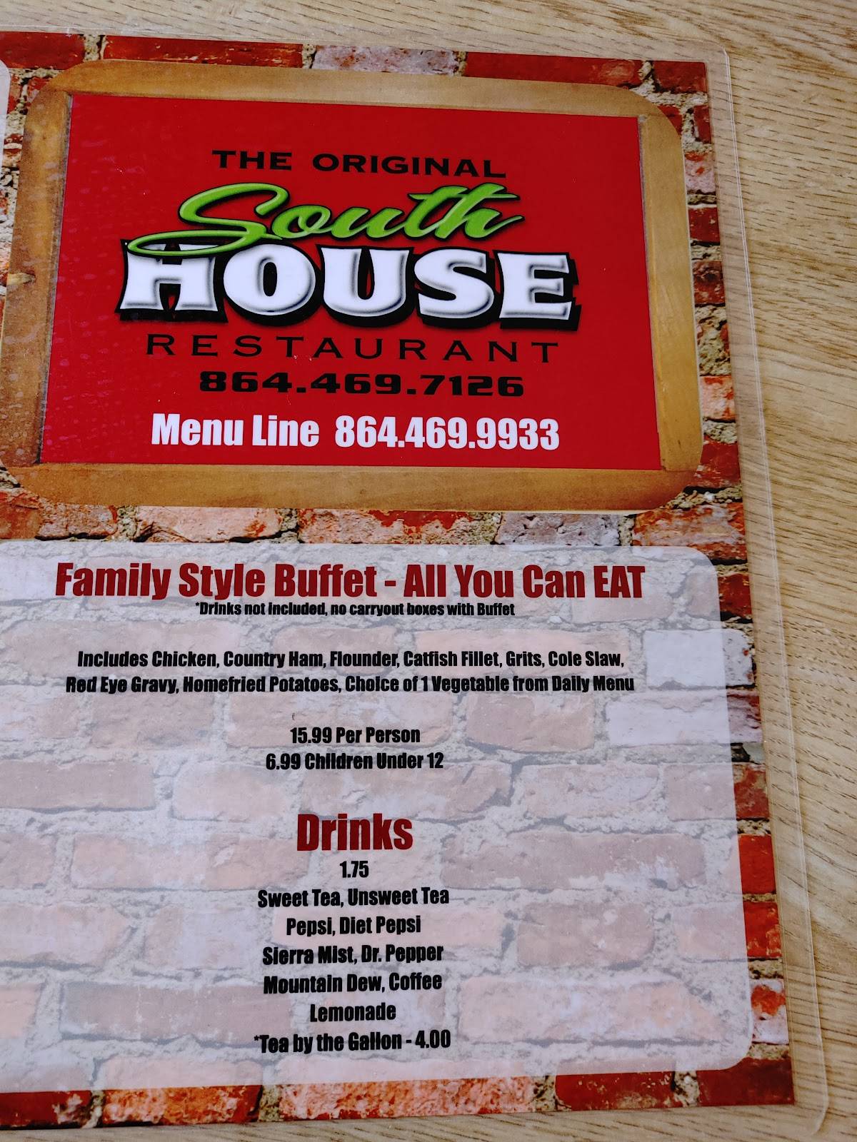 Menu at South House Restaurant, Greer