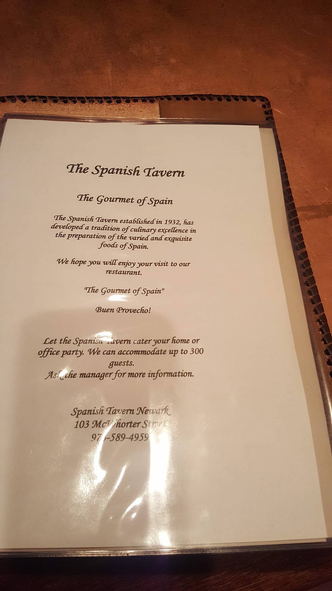 Menu at Spanish Tavern restaurant, Newark