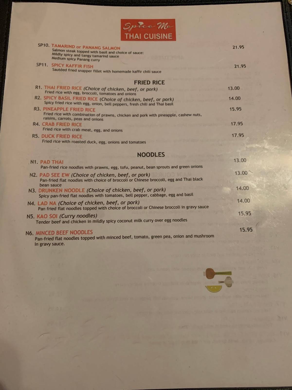 Menu at Spice Me Thai Cuisine restaurant, Half Moon Bay