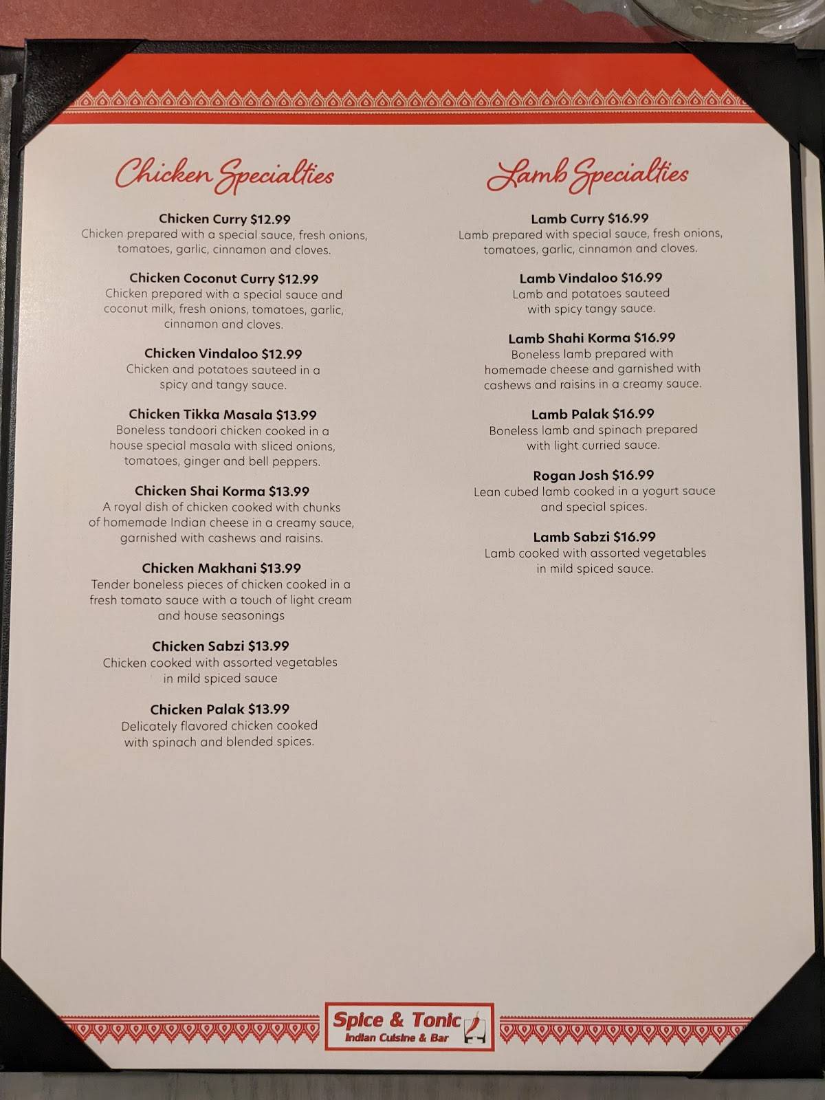 Menu at Spice & Tonic - Indian Cuisine & Bar, Minneapolis