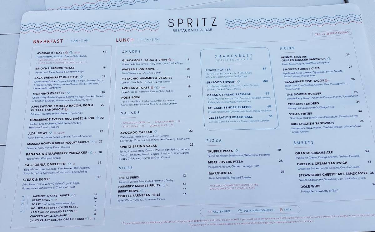 Carta de Spritz Restaurant & Bar, Las Vegas