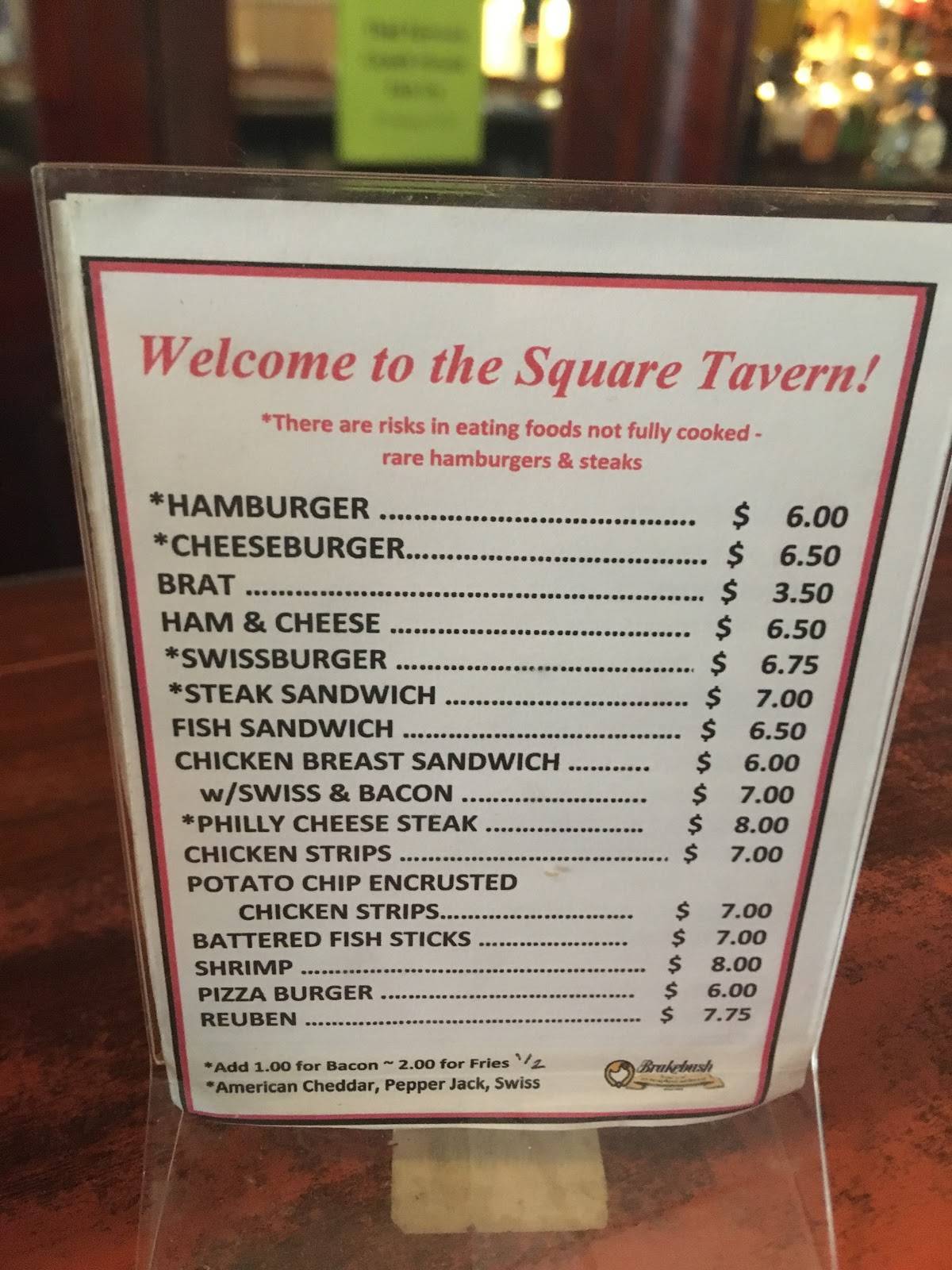 Menu at Square Tavern pub & bar, Baraboo