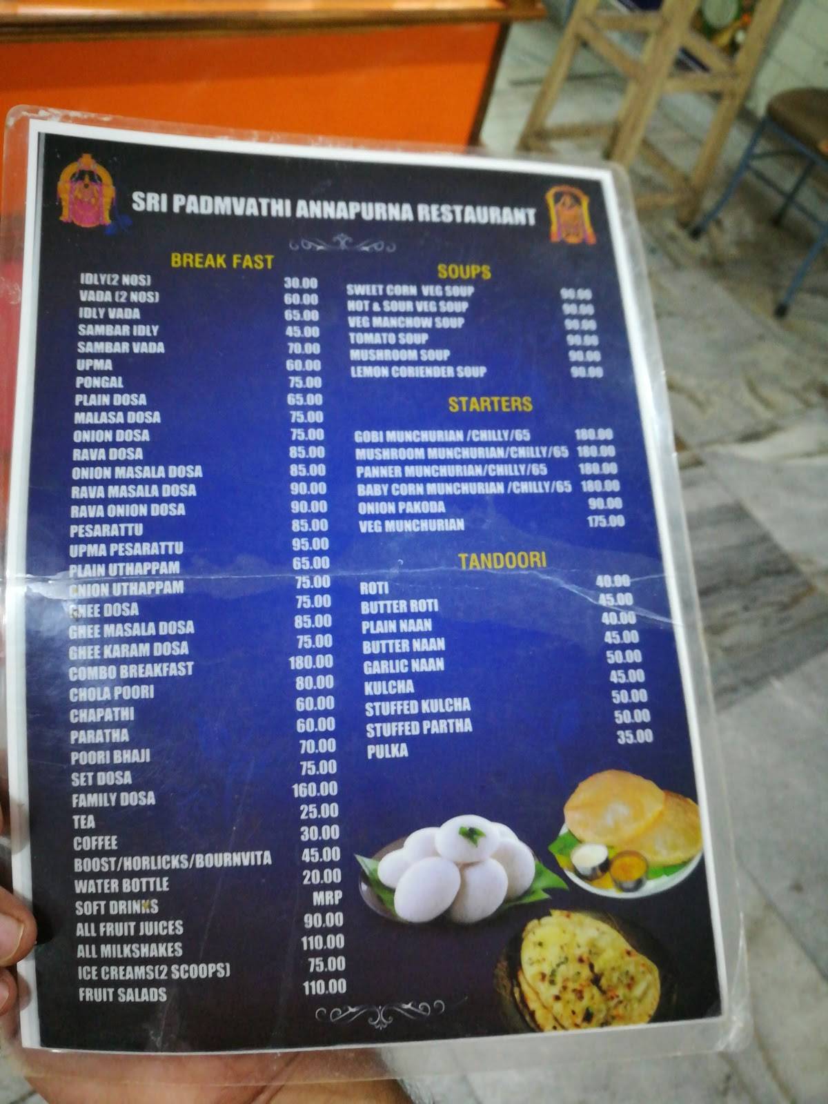 Menu at Sri Padmavathi Annapoorna Restaurant, Tirupati