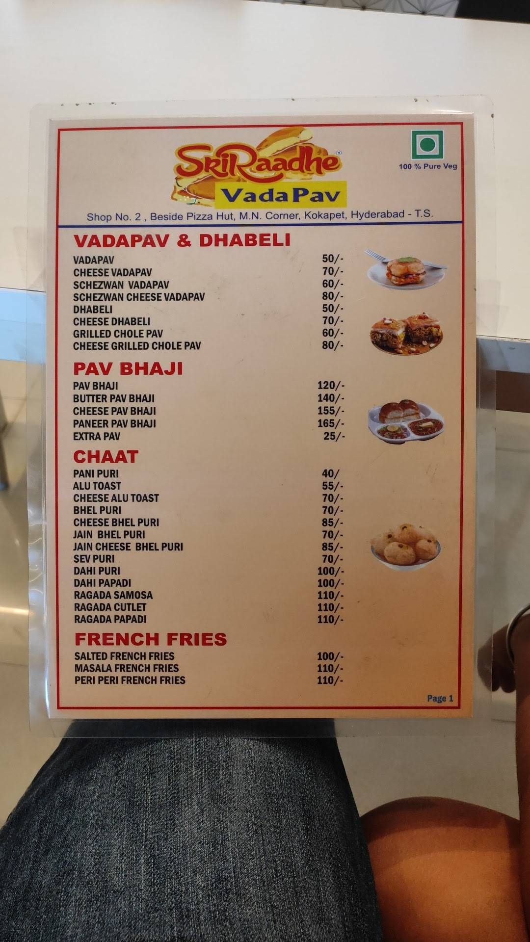 Menu at Sri Raakshitha Vada Pav, Hyderabad