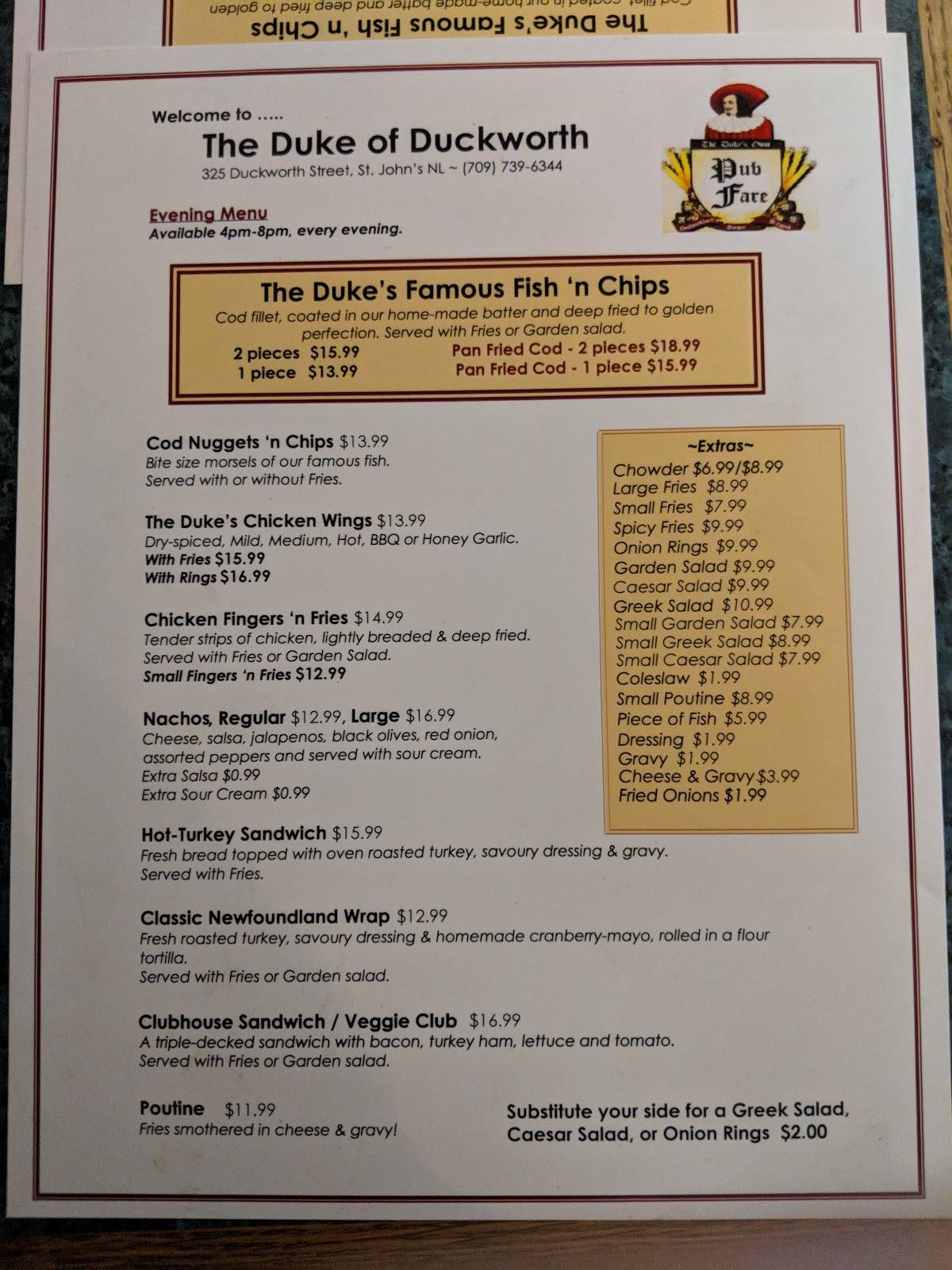 Menu at The Duke Of Duckworth pub & bar, St. John's
