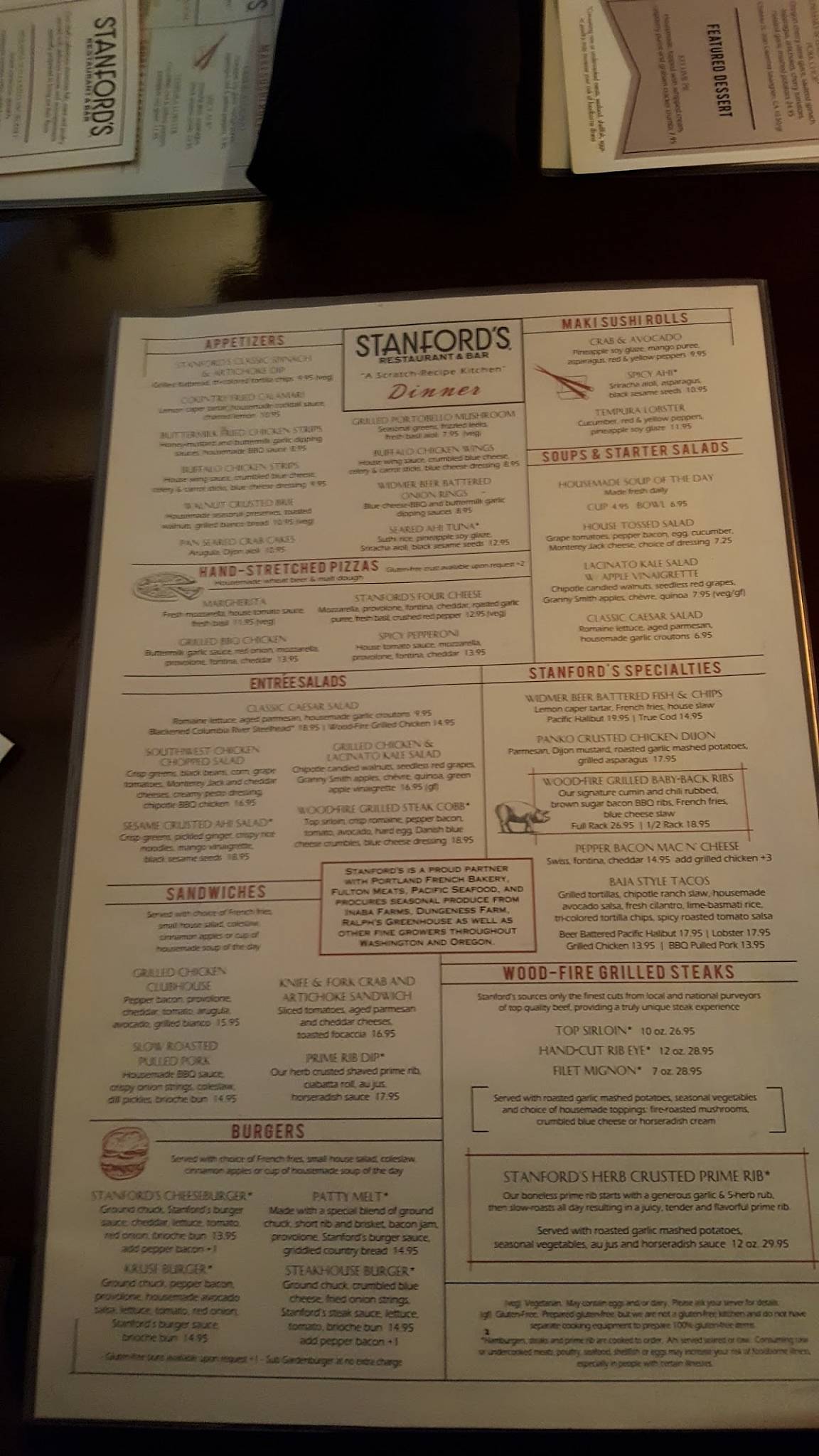 Menu at Stanford's Tanasbourne restaurant, Hillsboro