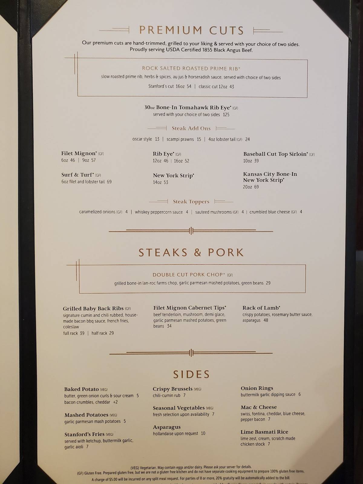 Menu at Stanford's Tanasbourne restaurant, Hillsboro