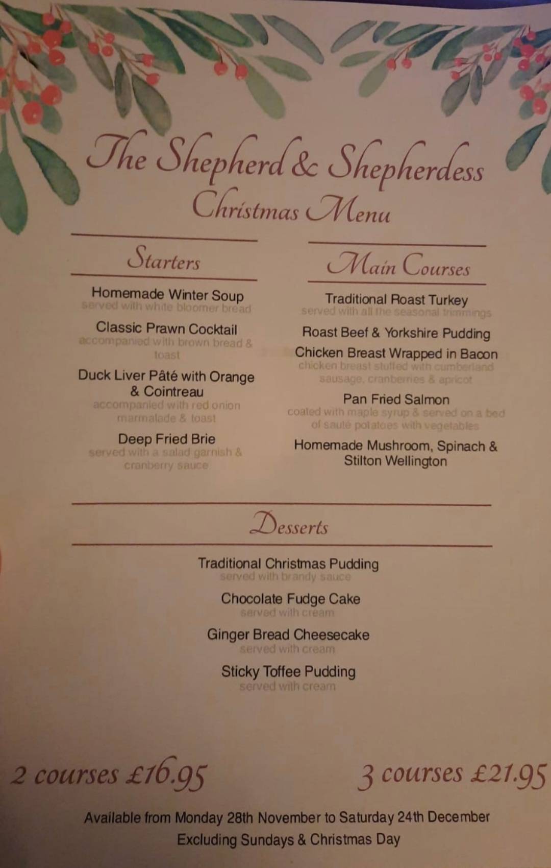 Menu at The Shepherd & Shepherdess Inn restaurant, Stanley
