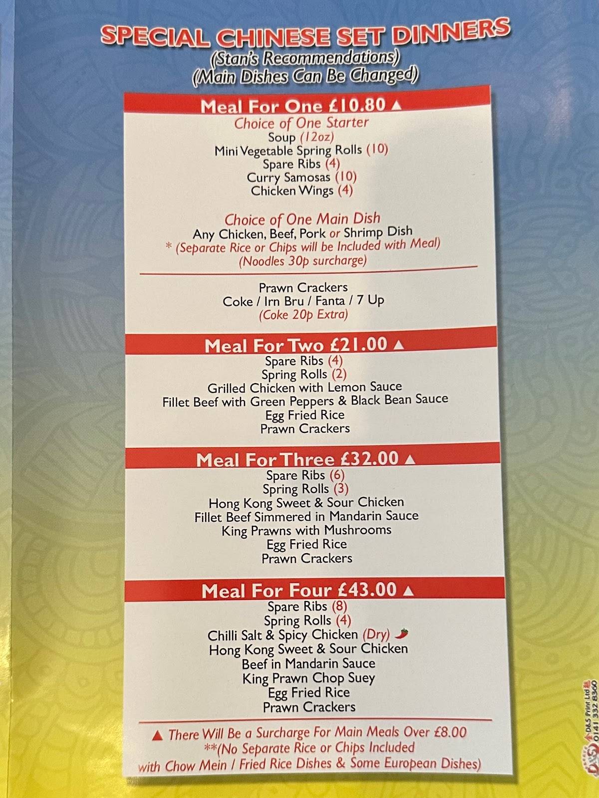 Menu at Stan's Chinese Takeaway fast food, Glasgow