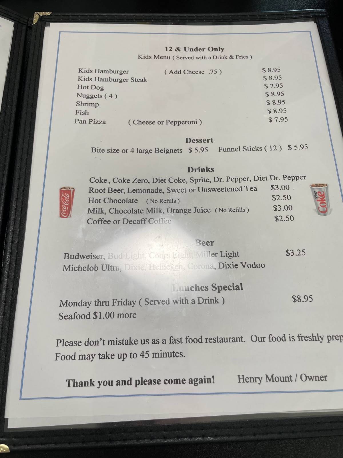 Menu at Starfish Restaurant, Grand Isle
