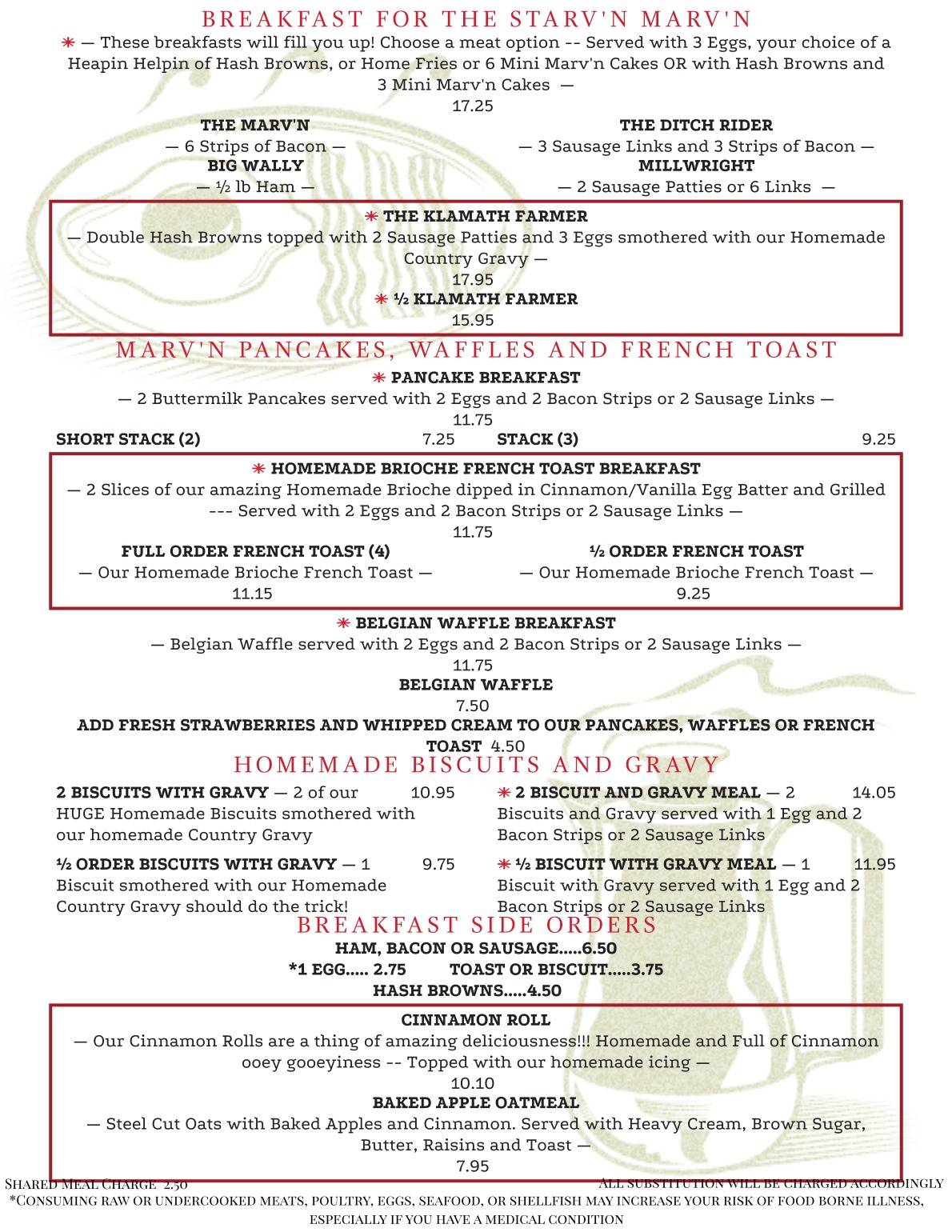 Menu at Starv'n Marv'n Family Restaurant, Klamath Falls