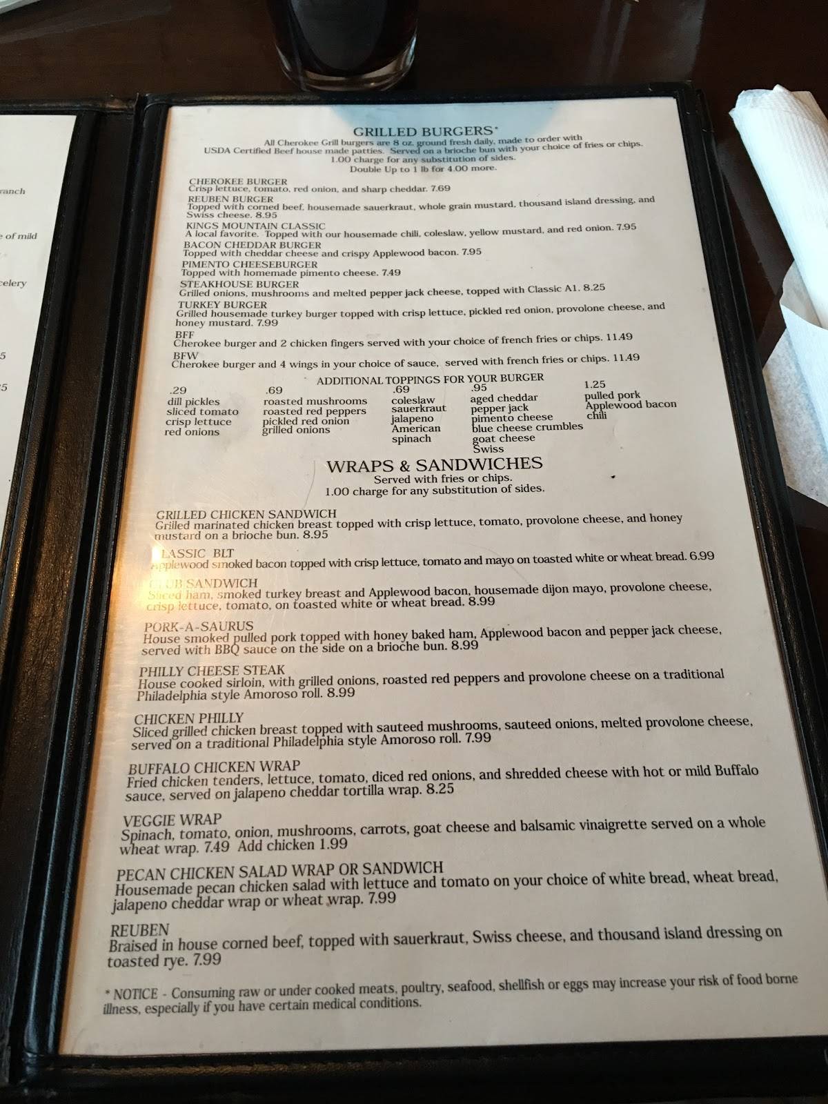 Menu at 238 Cherokee Grill steakhouse, Kings Mountain