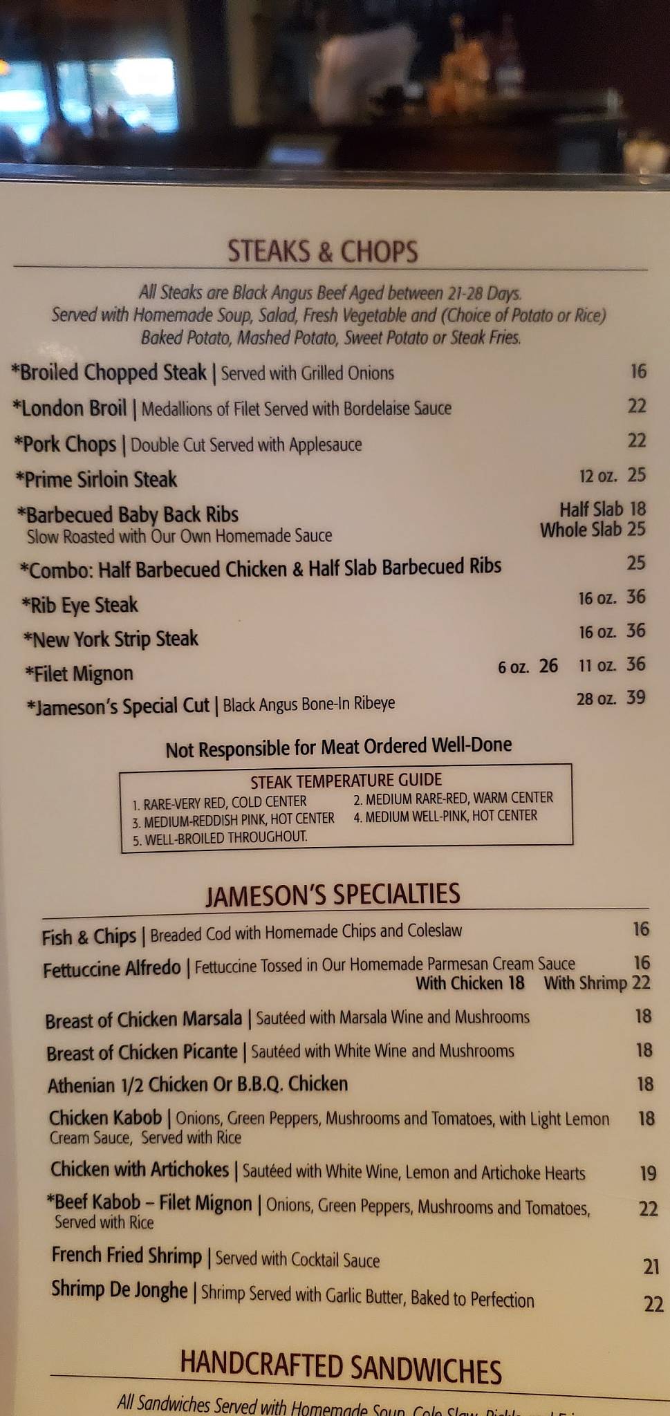 Menu at Jameson's Charhouse steakhouse, Crystal Lake