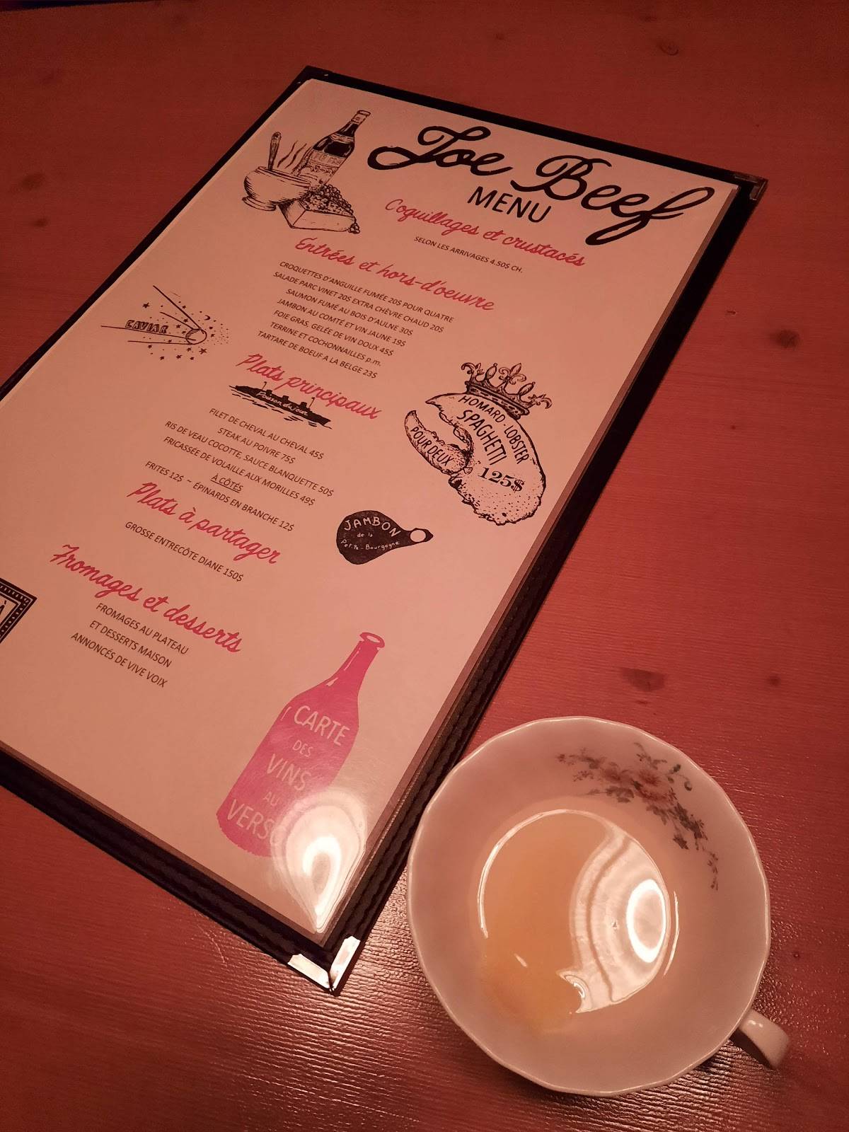 Menu at Joe Beef steakhouse, Montréal