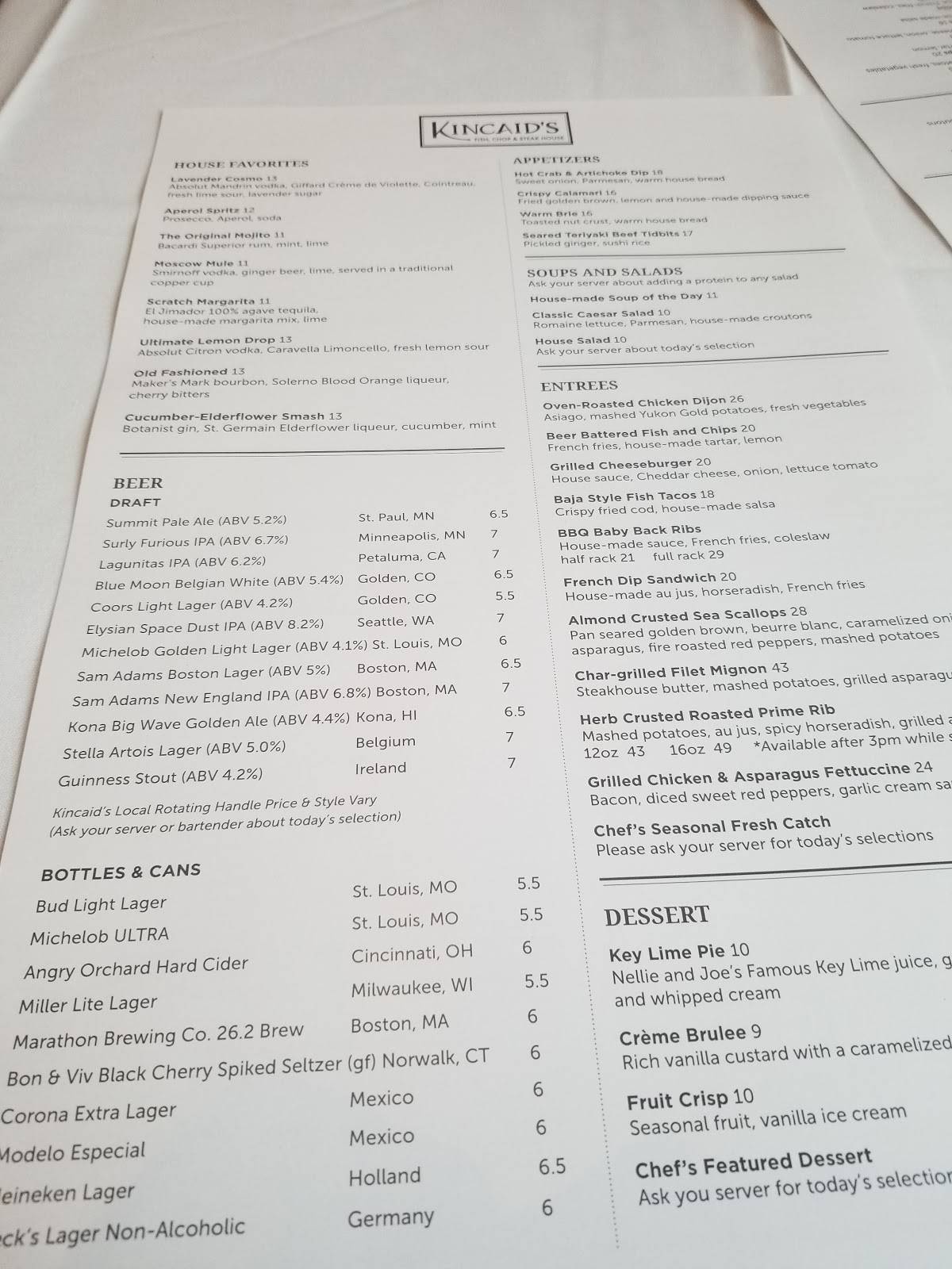Menu at Kincaid's Fish, Chop & Steakhouse, Saint Paul