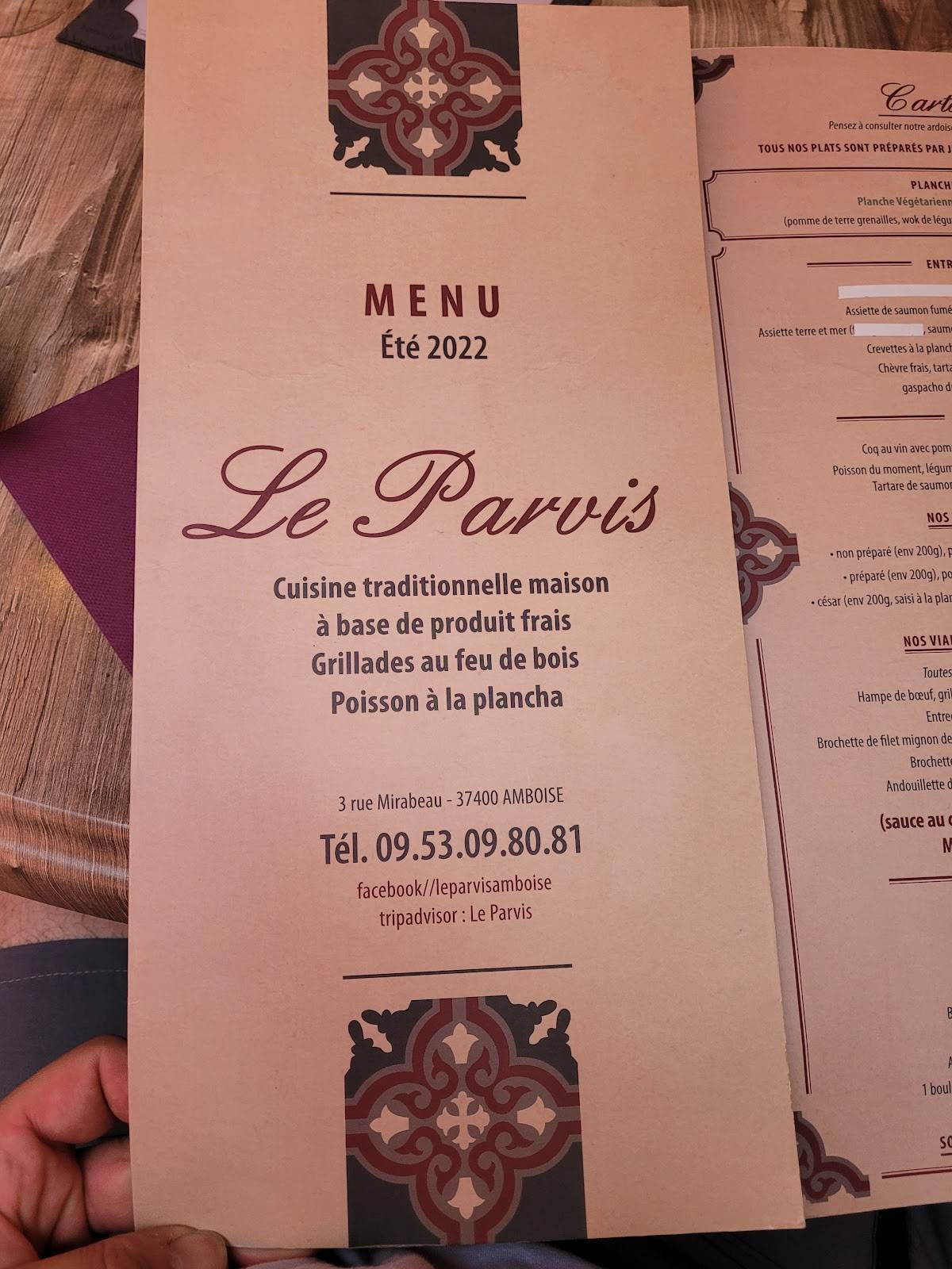 Menu at Le Parvis steakhouse, Amboise