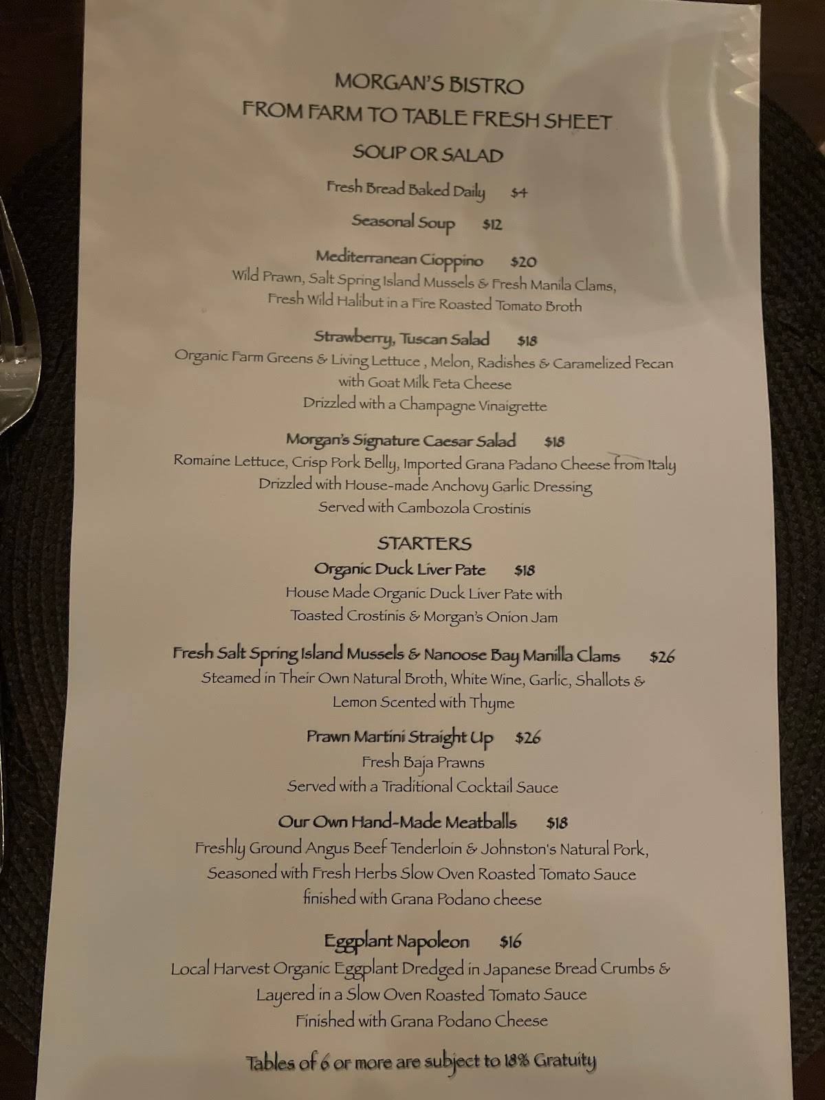 Menu at Morgan's Bistro steakhouse, Harrison Hot Springs
