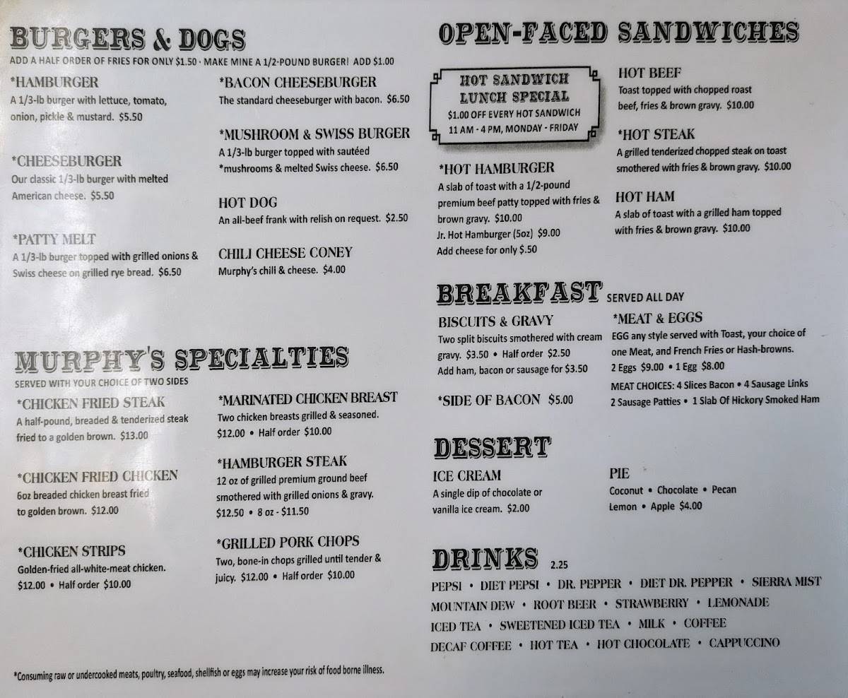 Menu at Murphy's Original Steak House steakhouse, Bartlesville