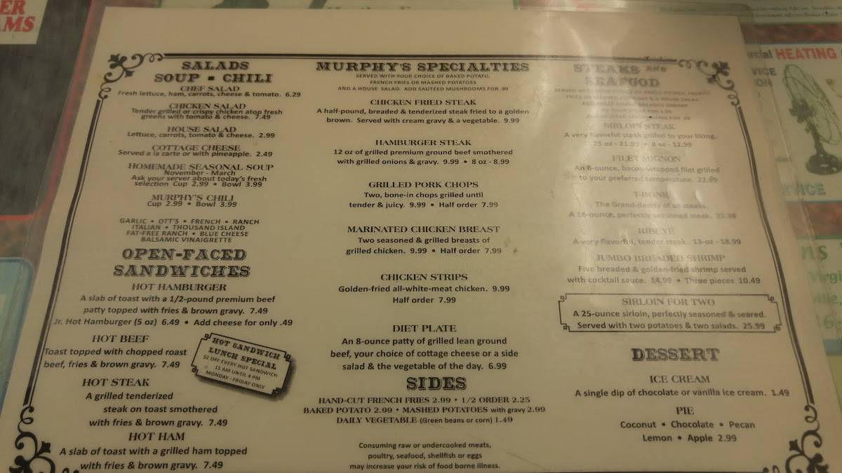Menu at Murphy's Original Steak House steakhouse, Bartlesville