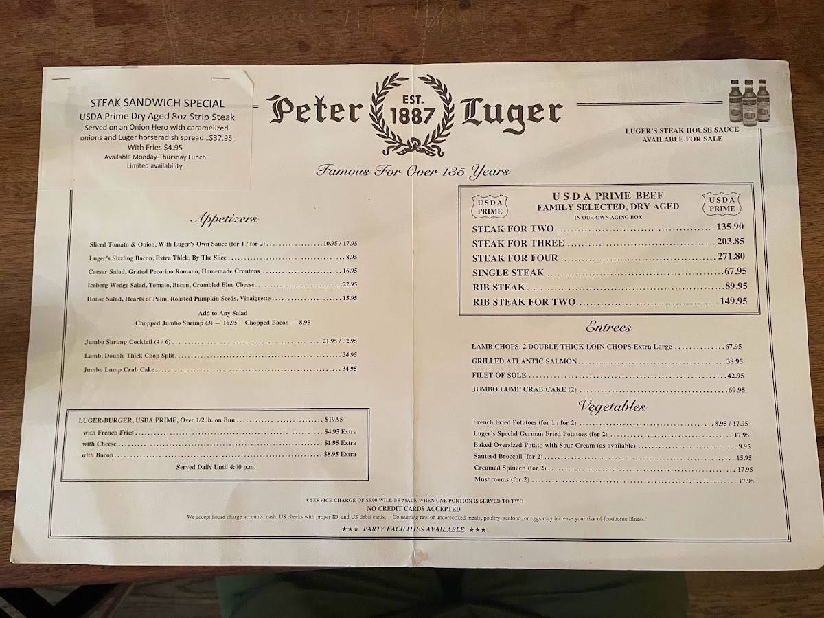 Menu at Peter Luger Steak House steakhouse, New York City, 178 Broadway