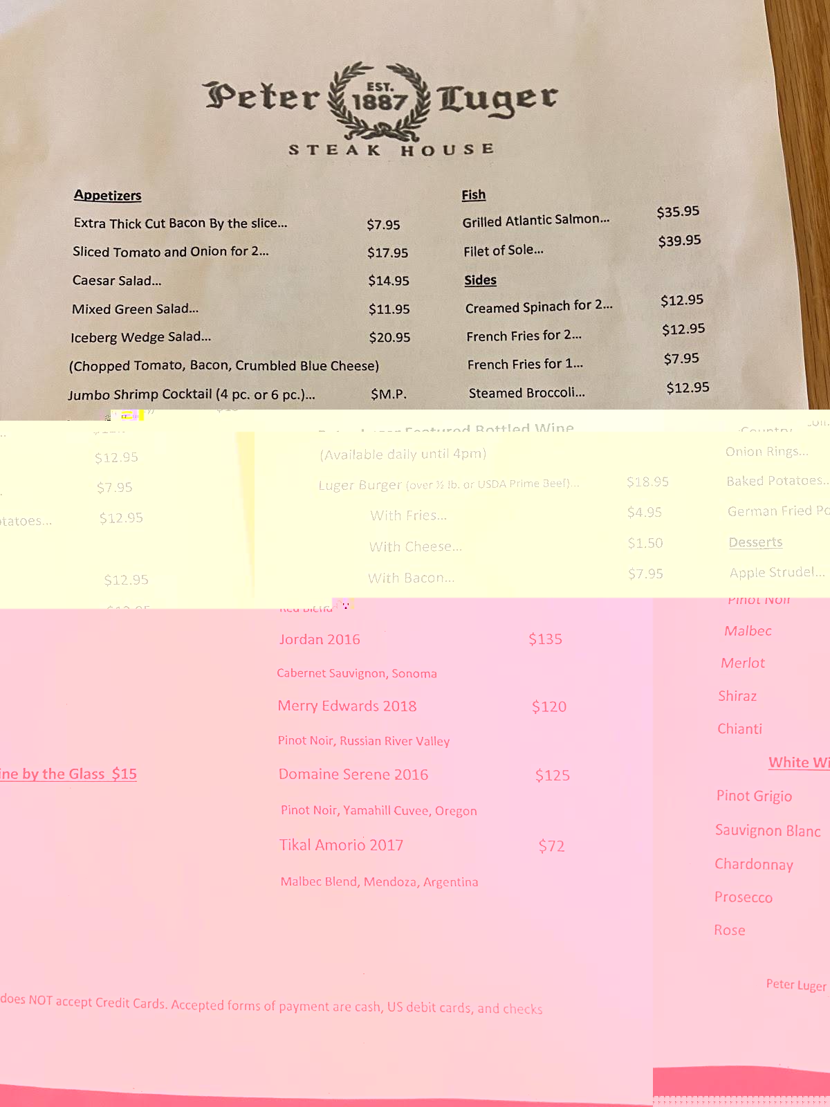 Menu at Peter Luger Steak House steakhouse, New York City, 178 Broadway