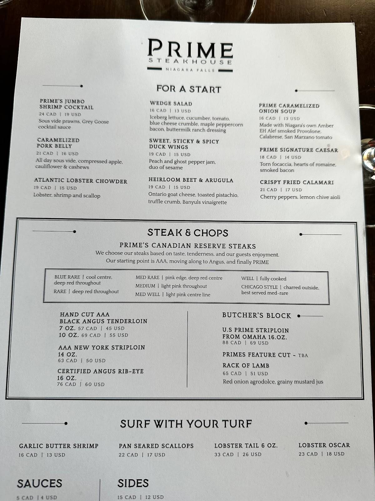 Menu at Prime Steakhouse Niagara Falls, Niagara Falls