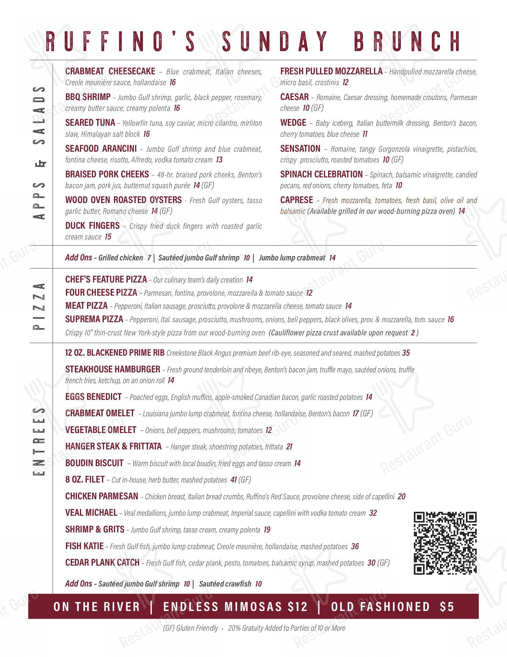 Menu at Ruffino's On The River steakhouse, Lafayette