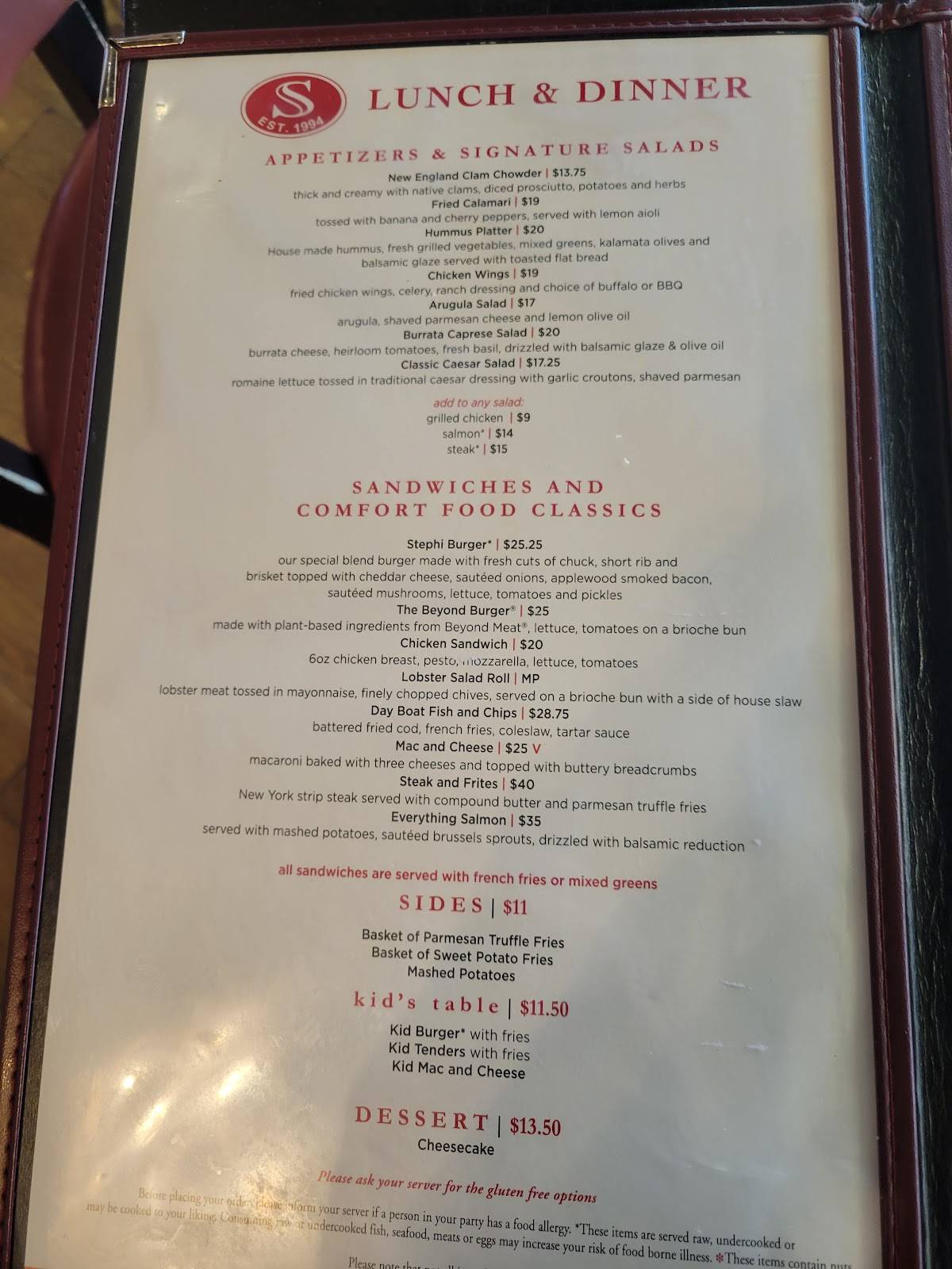 Menu at Stephanie's pub & bar, Boston, Logan Airport Terminal B