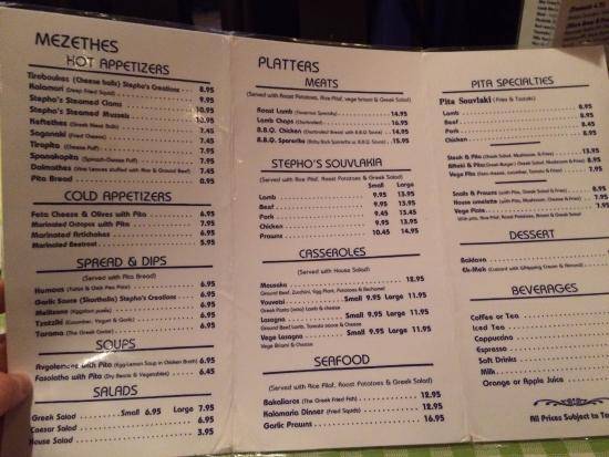 Menu at Stepho's Souvlaki Greek Taverna restaurant, Vancouver, Davie St