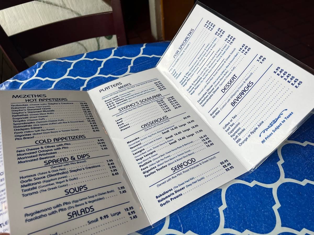 Menu at Stepho's Souvlaki Greek Taverna restaurant, Vancouver, Davie St