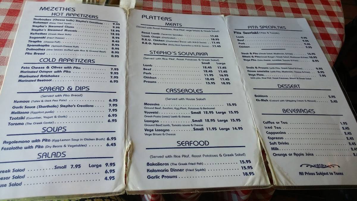 Menu at Stepho's Souvlaki Greek Taverna restaurant, Vancouver, Davie St