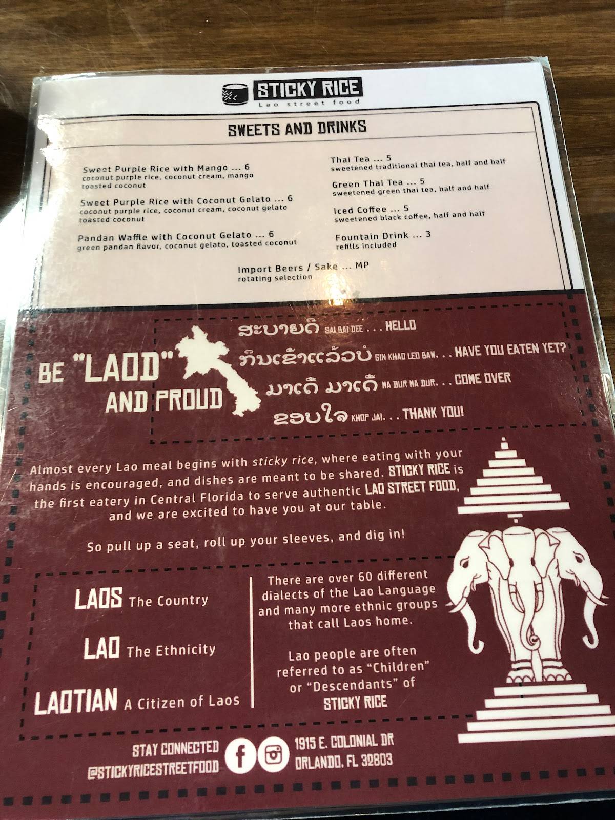 Menu at Sticky Rice restaurant, Orlando