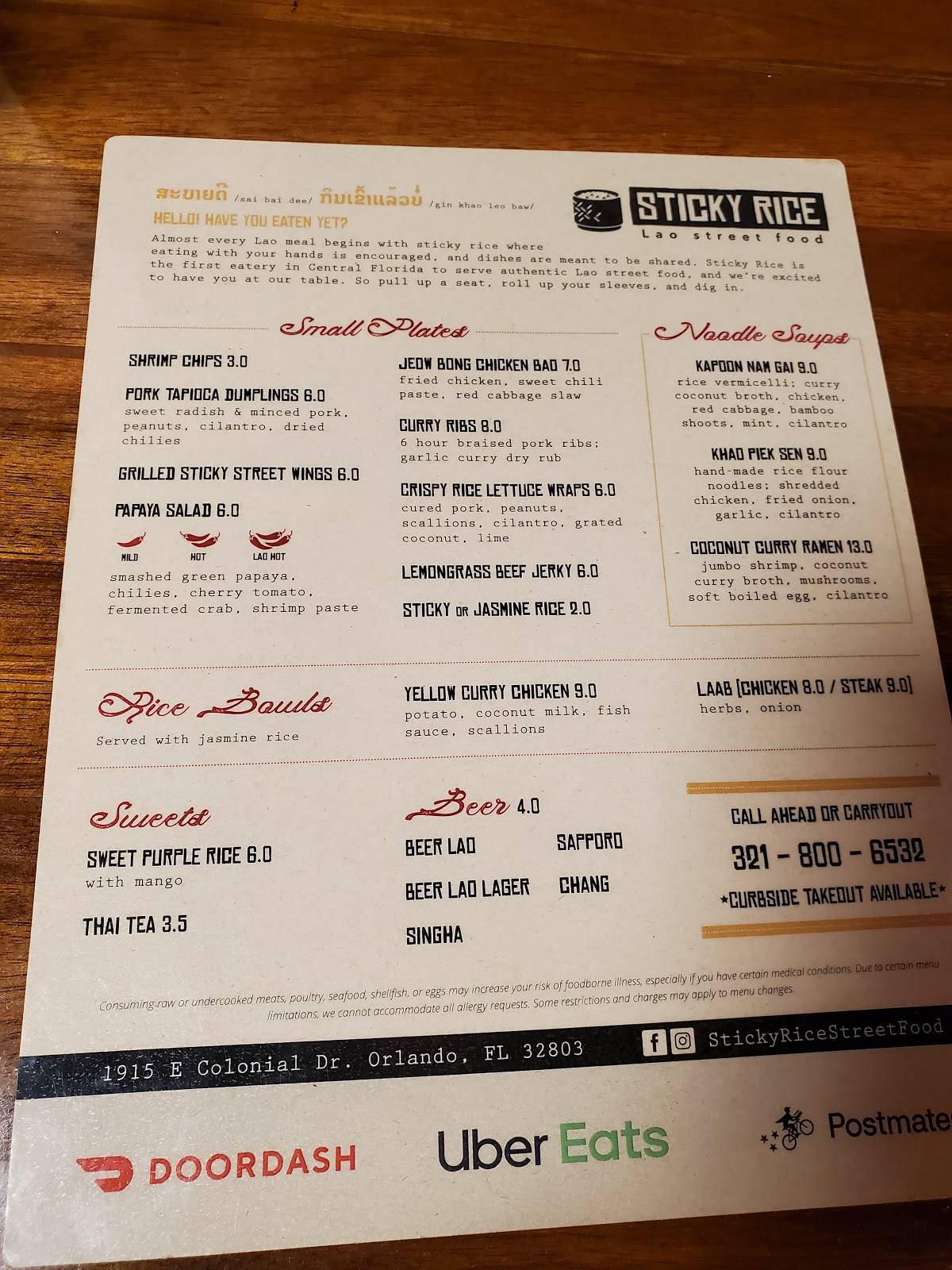 Menu at Sticky Rice restaurant, Orlando