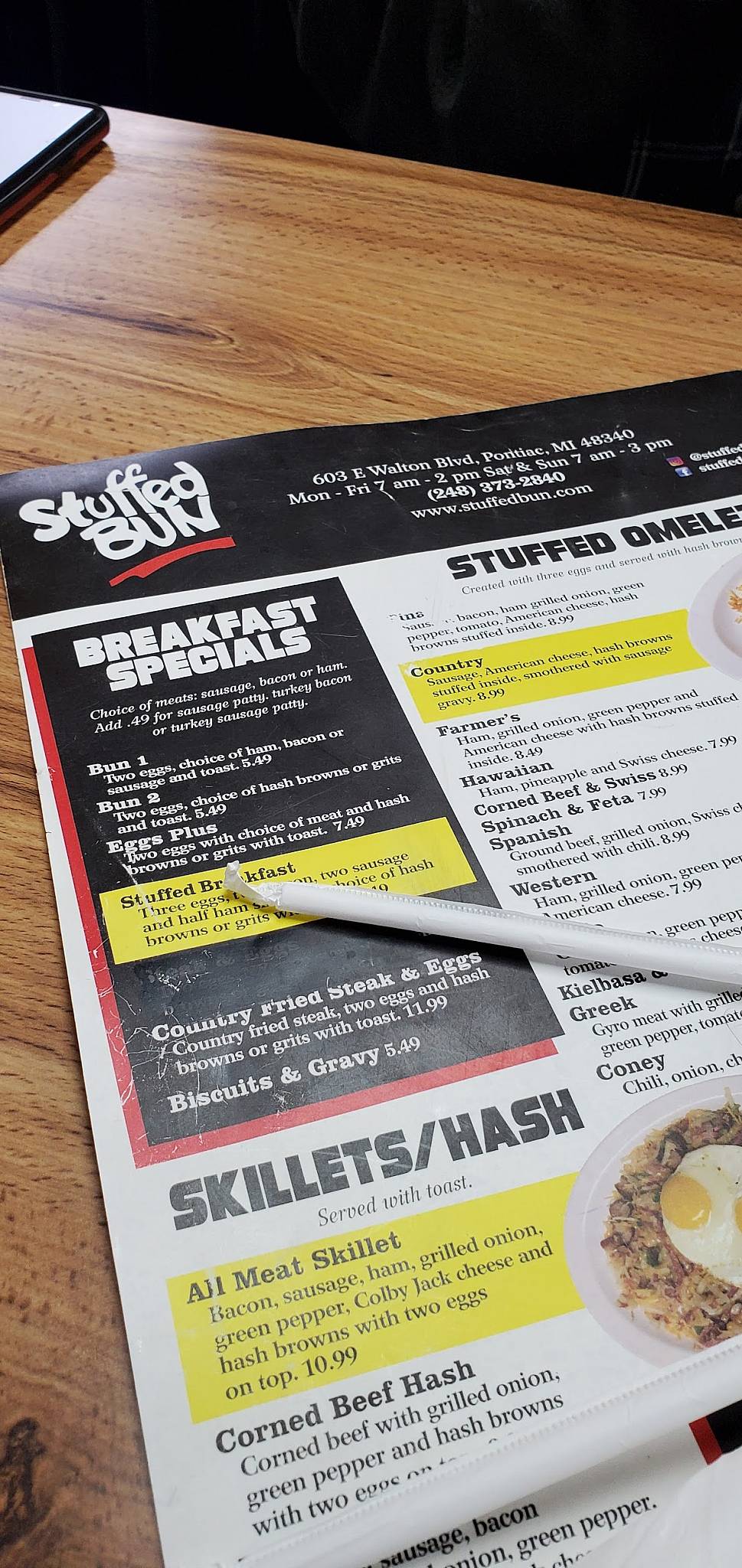 Menu at Stuffed Bun restaurant, Pontiac