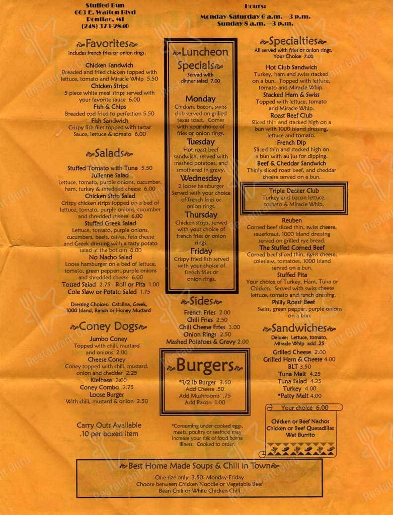 Menu at Stuffed Bun restaurant, Pontiac