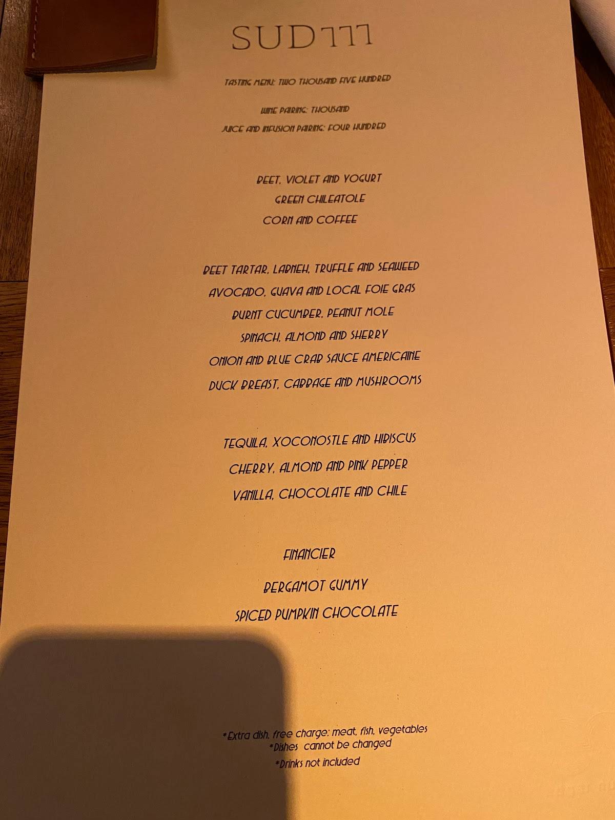 Carta del restaurante Sud 777, Ciudad del México