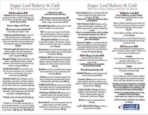 Menu at Sugar Leaf Bakery, Cafe & Espresso, Branson, W 76 Country Blvd