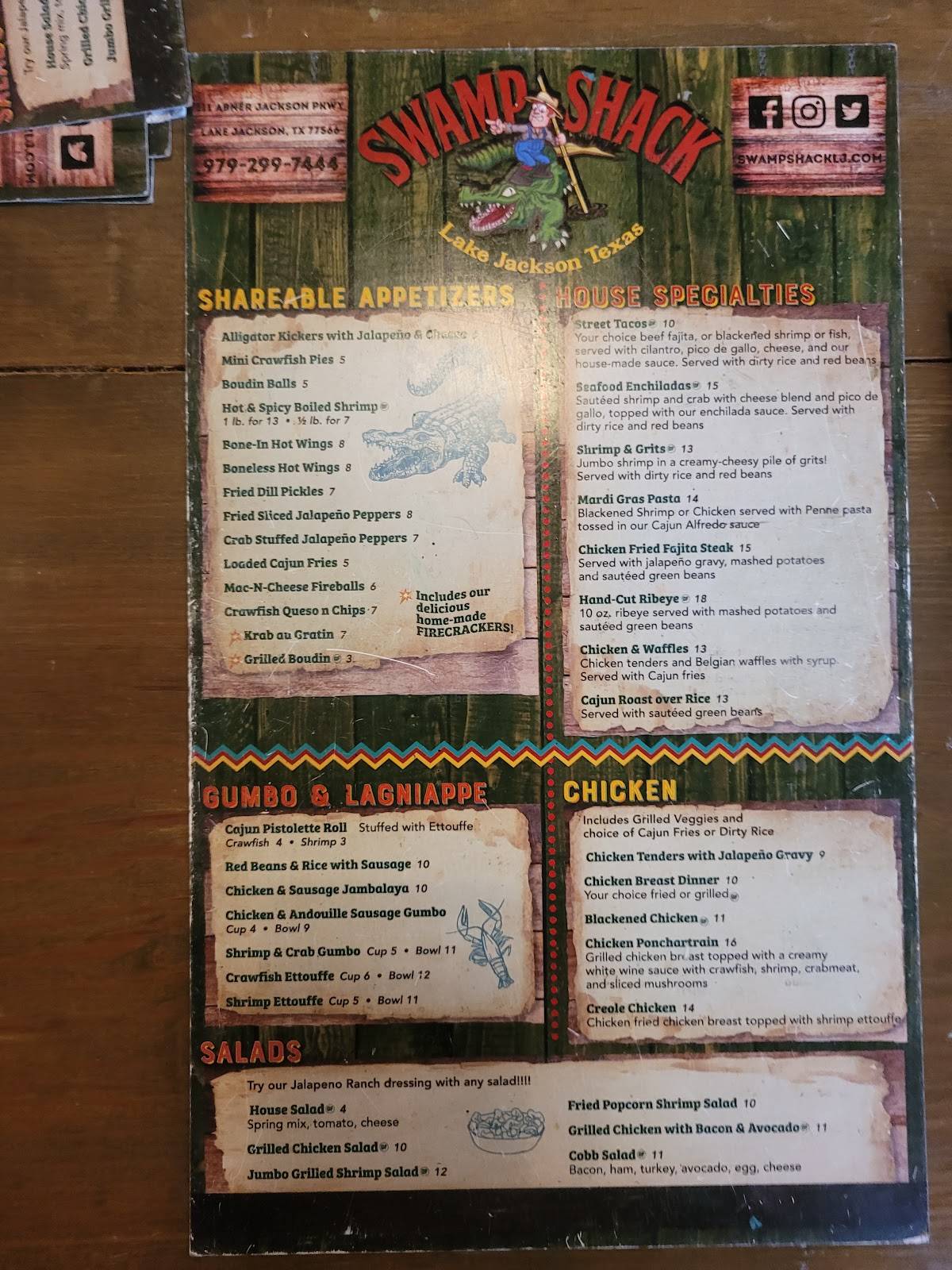 Menu at Swamp Shack Lake Jackson restaurant, Lake Jackson
