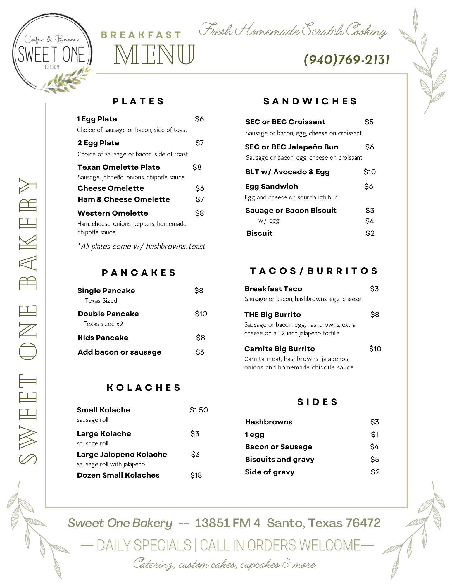 Menu at Sweet One Bakery, Santo