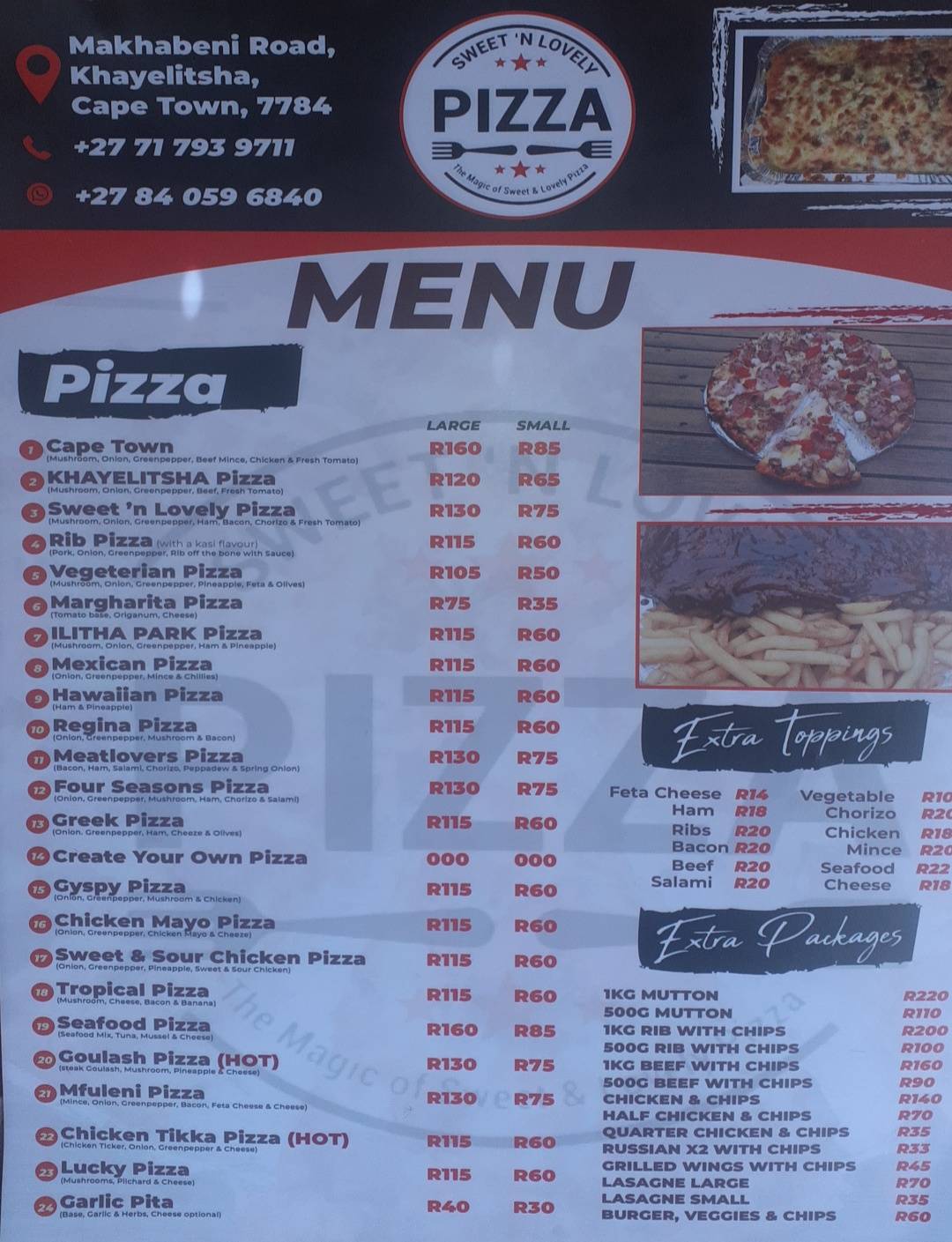 Menu at Sweet'N Lovely Pizza restaurant, Cape Town