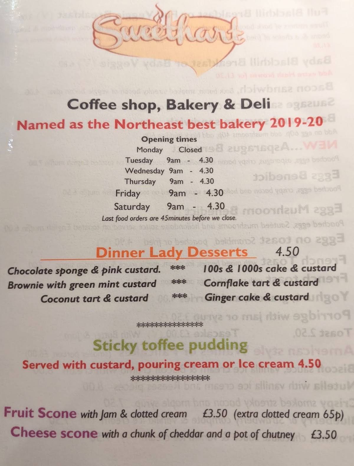 Menu at Sweetharts Bakery & Coffee Shop, Consett, Consett