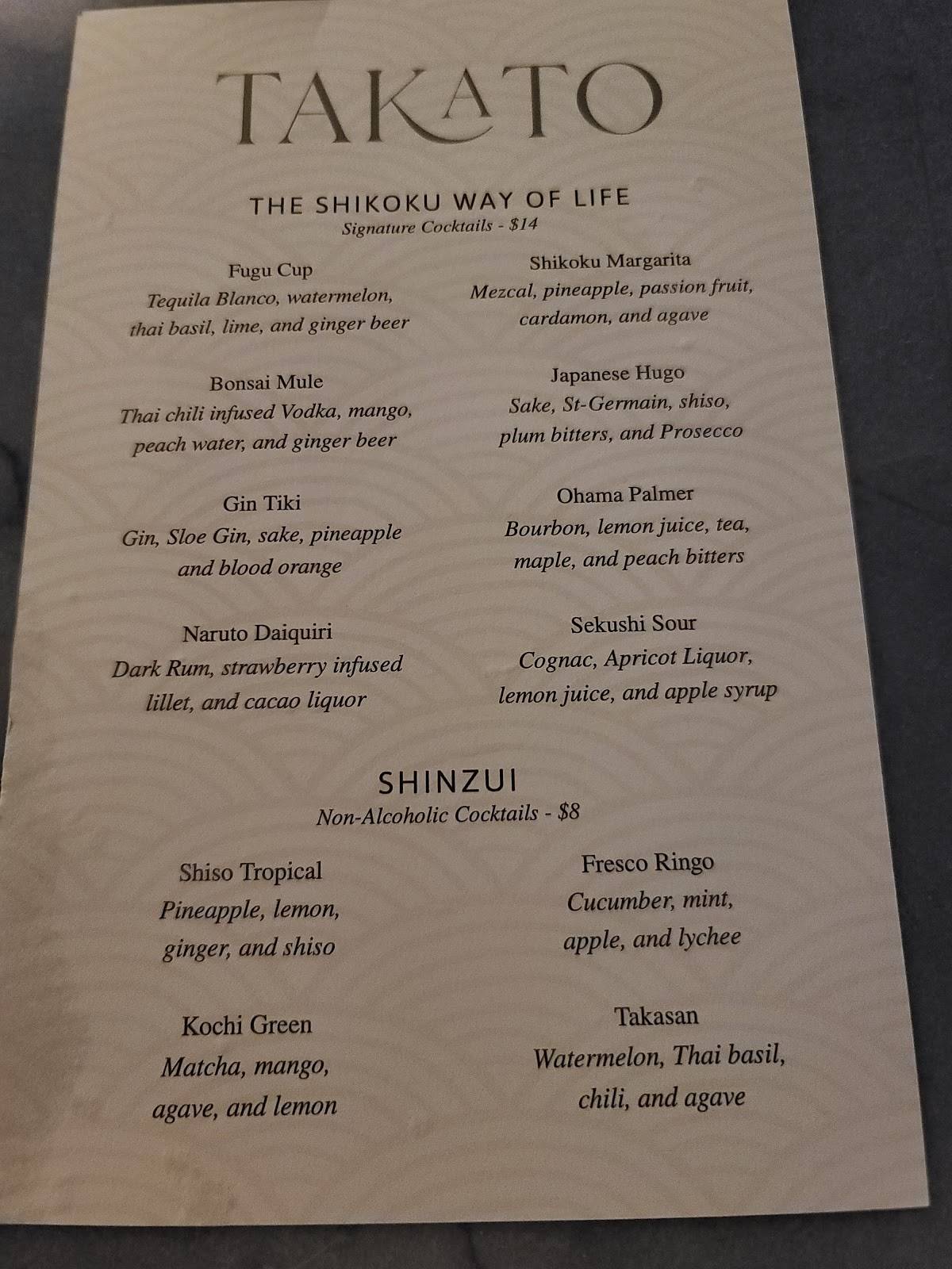 Menu at TAKATO restaurant, Fort Lauderdale