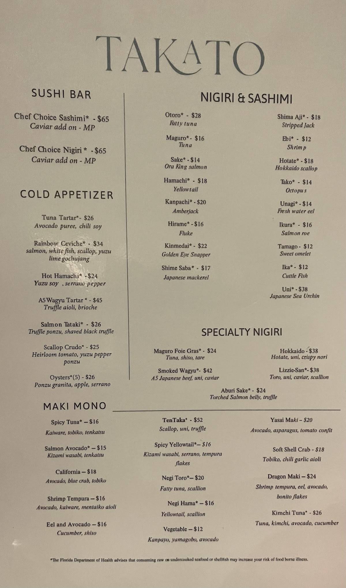 Menu at TAKATO restaurant, Fort Lauderdale
